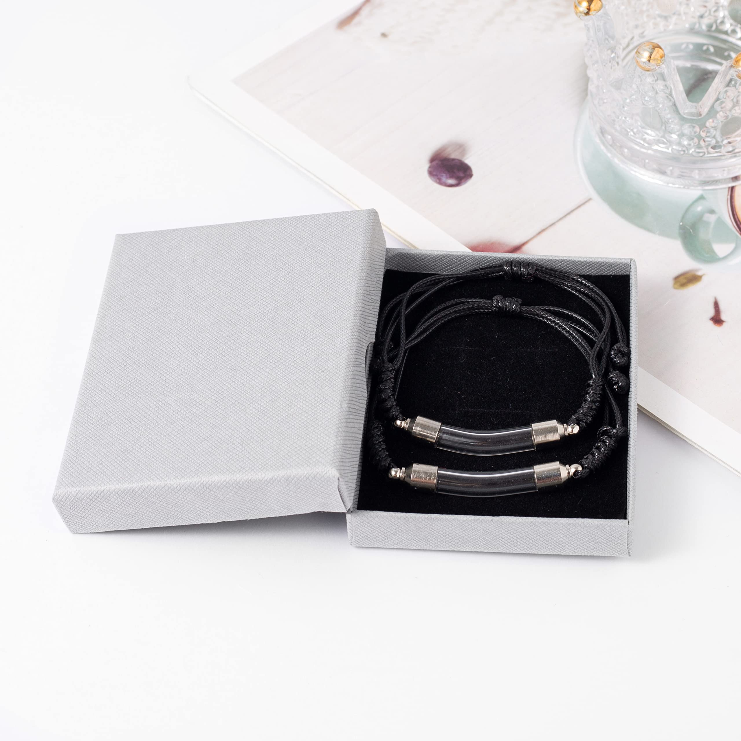 Retebuy 2PCS/Set Couple Rope Bracelets Memorial Bracelets Bangle Adjustable Transparent Glass Tube Bracelet,Double Black