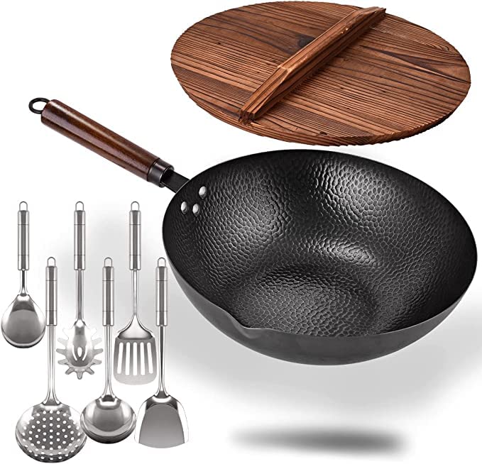 Peepoleck Carbon Steel Wok with Wooden Handle and Lid,using for Electric, Induction, Gas Stoves,6 Cookware Accessories,12.5 inch,Black