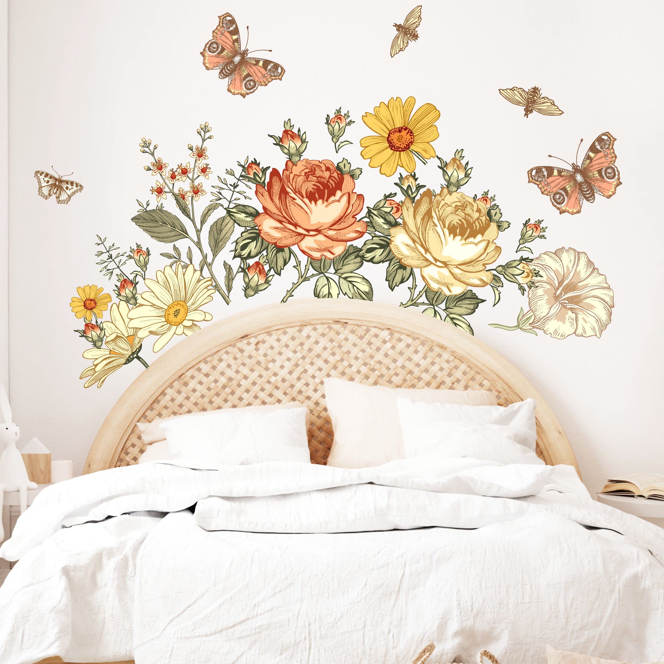 Vintage Floral Wall Decals Retro Flower Wall Stickers Large Flower Wall Stickers Peel and Stick Peony Vintage Flower Wall Decals for Girls Bedroom Nursery Decor