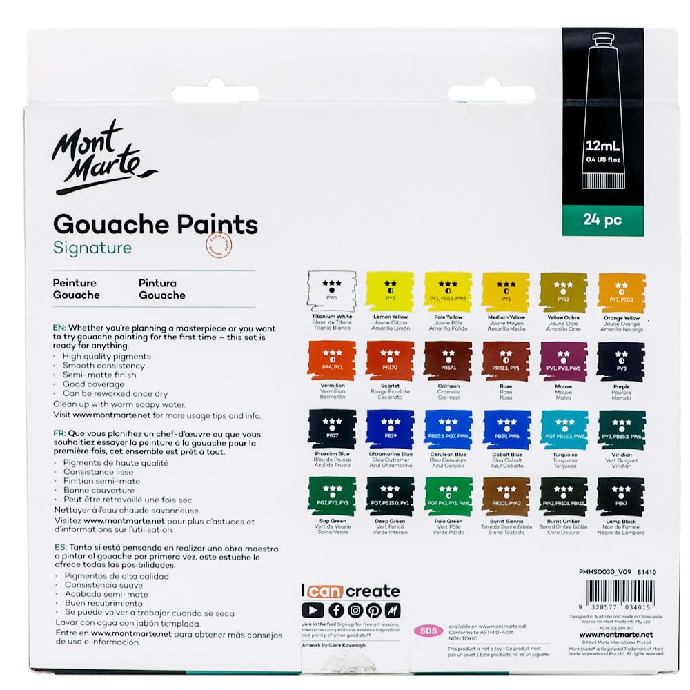 Mont Marte Signature Gouache Paint, 24 x 0.4oz (12ml), Semi-Matte Finish, 24 Colors, Suitable for use with Canvas, Watercolor Paper, Watercolor Paints and Mixed Media