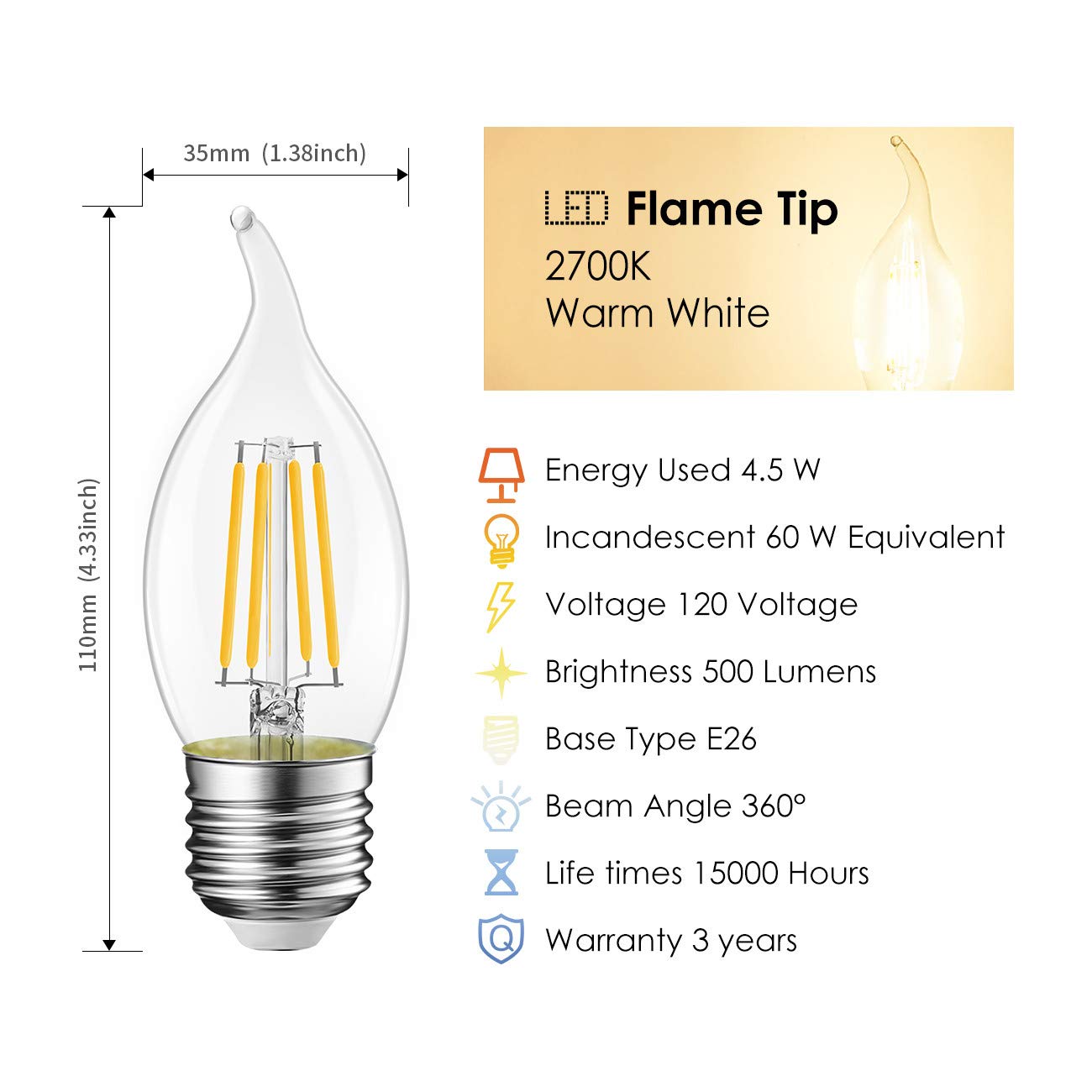 LVWIT Flame Tip LED Filament Bulb Candelabra E26 Base Dimmable 4.5W (60W Equivalent) B11 Chandelier Candle Light Bulb,2700K Warm White 6-Pack