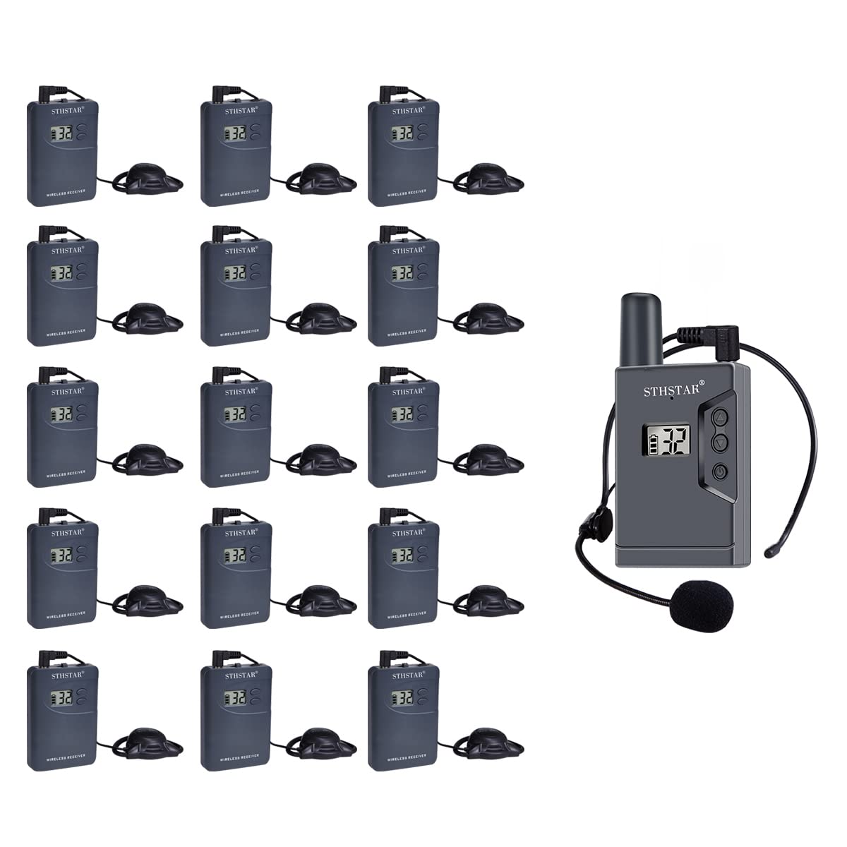 STHSTAR Wireless Tour Guide Voice Audio Transmission System for Church,School,Training,Factory,32 Channels UHF Frequency,Case of 1 Transmitter and 15 Receivers