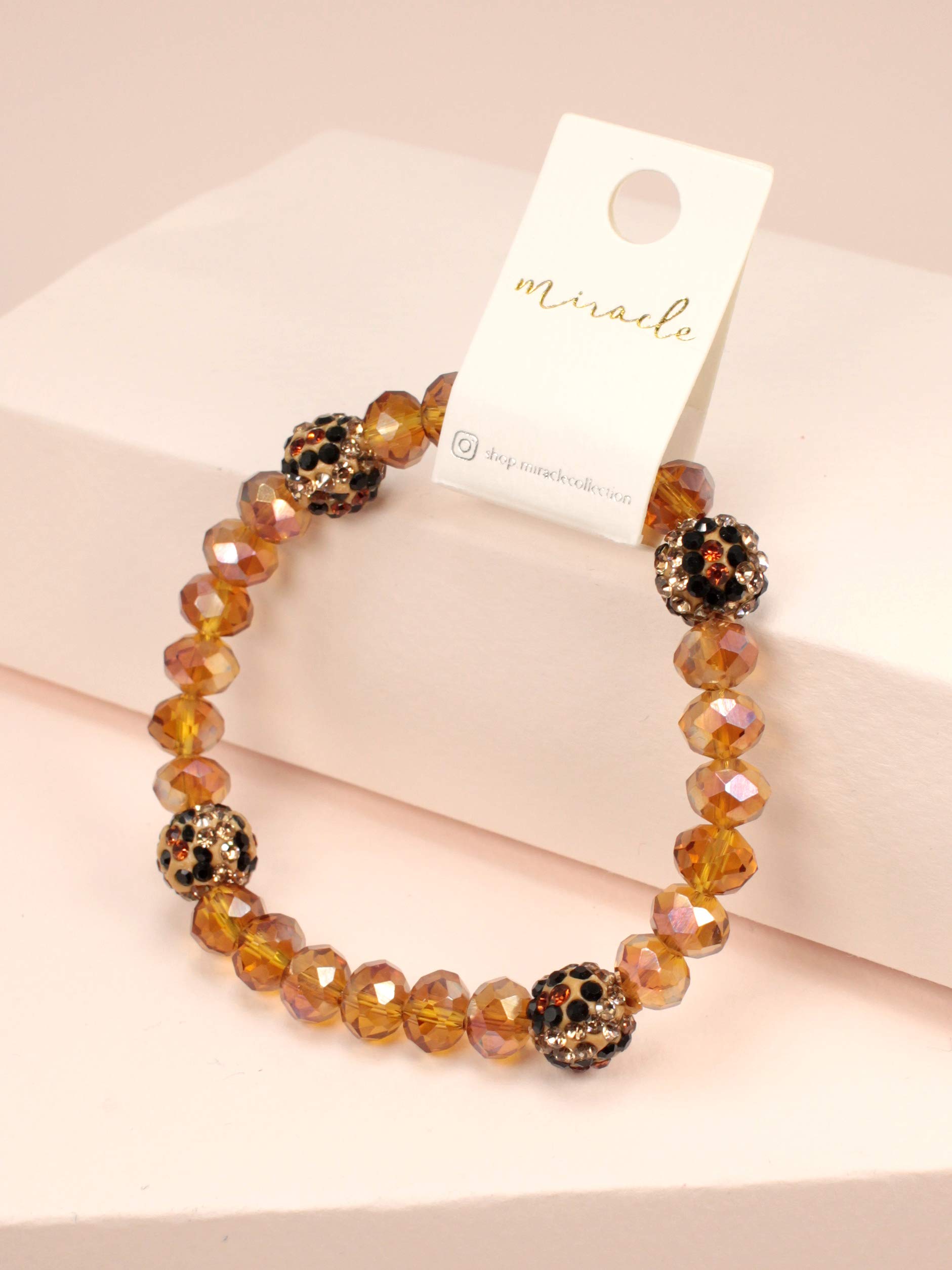 Miracle Collection Bohemian Glass bead with Leopard Crystal Ball Stretch Bracelet-Versatile Stretch Sparkly Crystal Beads Stackable Bracelet. (Topaz)