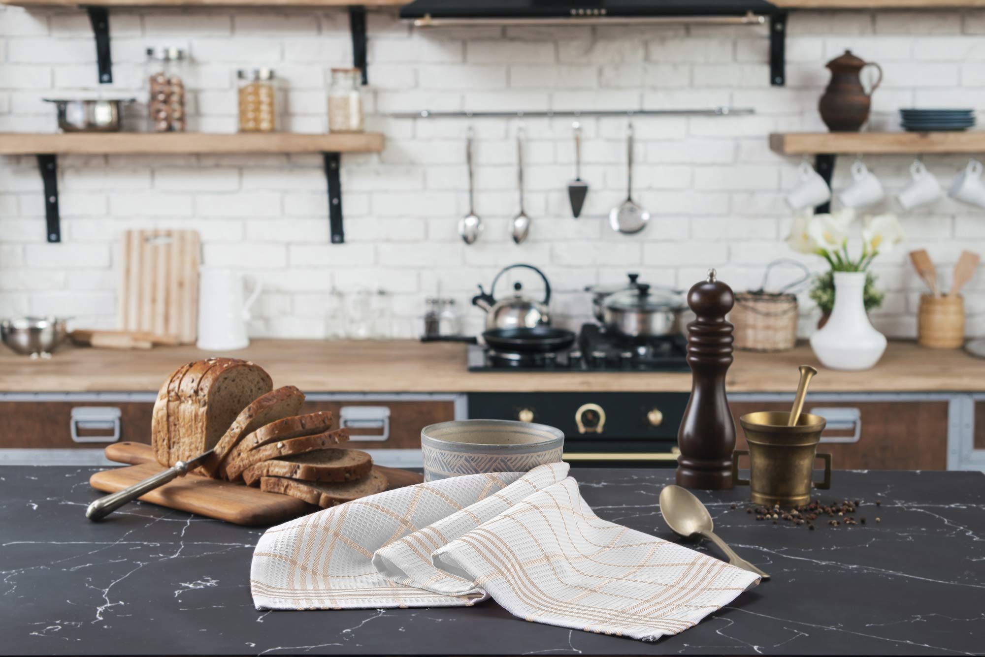 Rumi & Shams Kitchen Dish Towels for Drying Dishes – 100% Cotton Premium Tea Towels – Multi-Purpose Kitchen Towels – Highly Absorbent and Lint Free – Set of 2 Pieces of 18 x 26 inches (Sand)