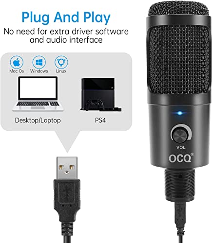 Studio Condenser USB Microphone Computer PC Microphone Kit with Adjustable Scissor Arm Stand and Mic Gain Knob Shock Mount for Instruments Voice Overs,Streaming Broadcast and YouTube Videos (Black)