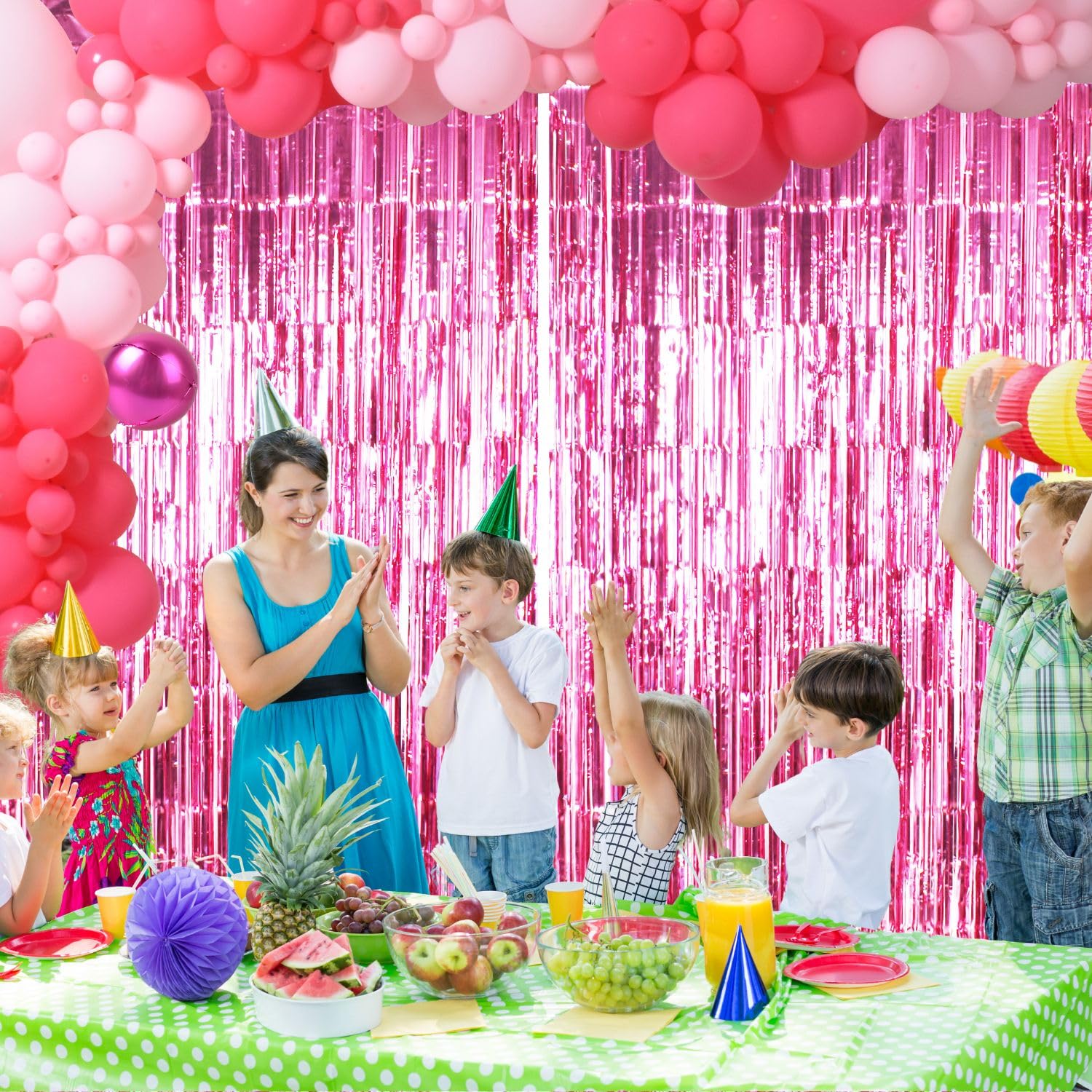 Miliocry 3 Pack 3.3 x 6.6 ft Pink Foil Fringe Curtains, Metallic Tinsel Curtain Backdrop for Parties, Door Wall Streamers, Glitter Streamer for Birthday, Photo Booth Props, Christmas Party Decor