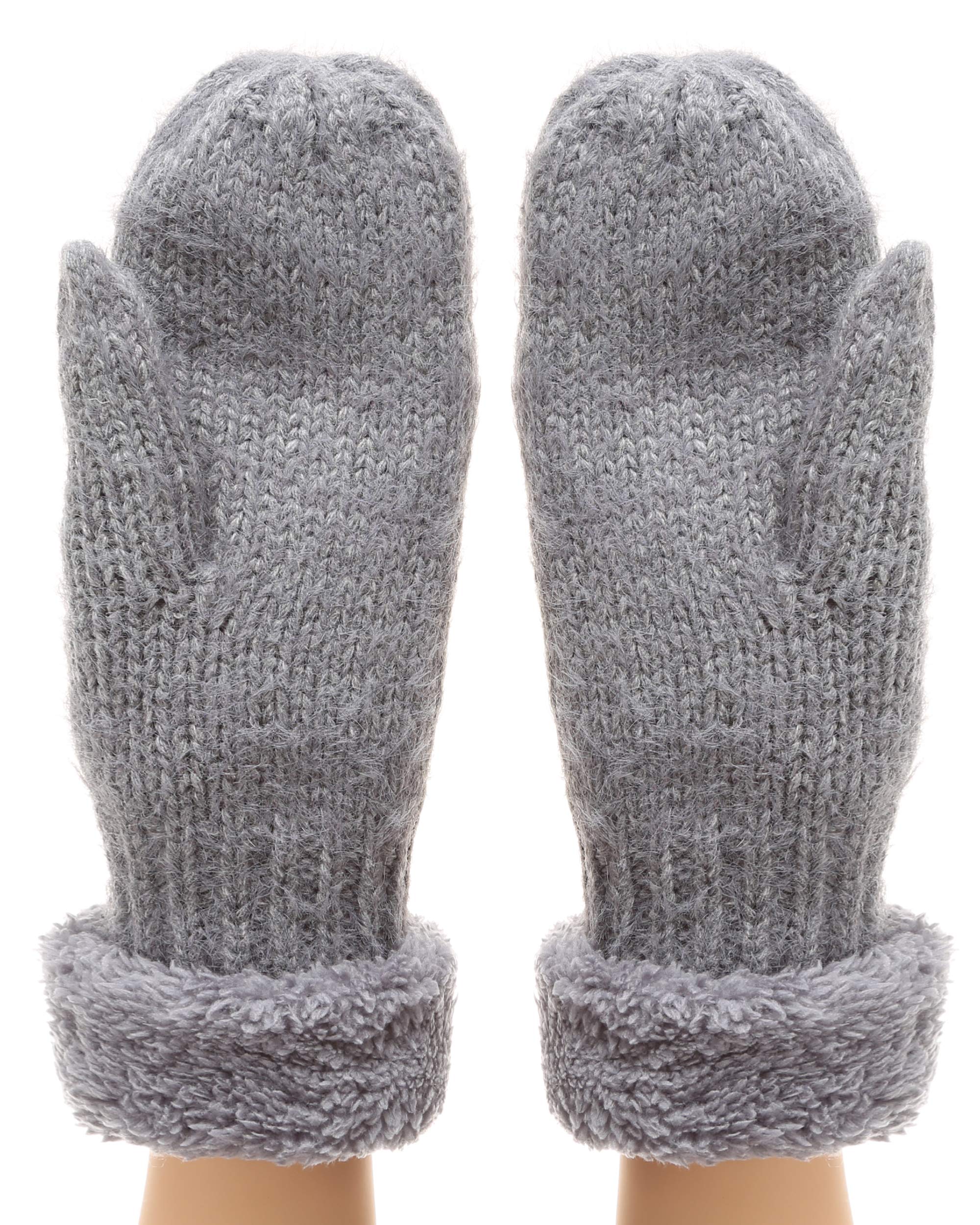 MIRMARU Women’s Winter Warm Gloves Classic Thick Cable Knit Mittens with Soft Plush Lining (Rhinestone, Grey)