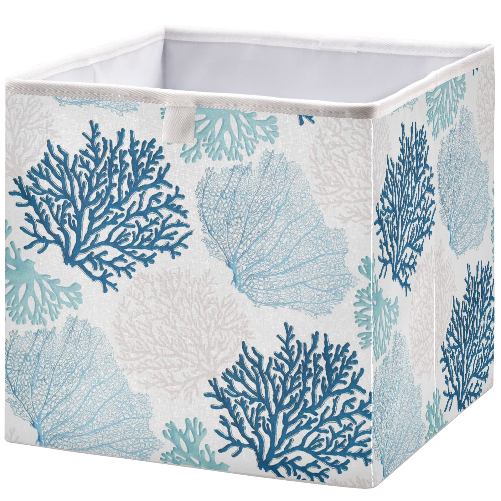 visesunny Closet Baskets Vintage Blue Coral Storage Bins Fabric Baskets for Organizing Shelves Foldable Storage Cube Bins for Clothes, Toys, Baby Toiletry, Office Supply