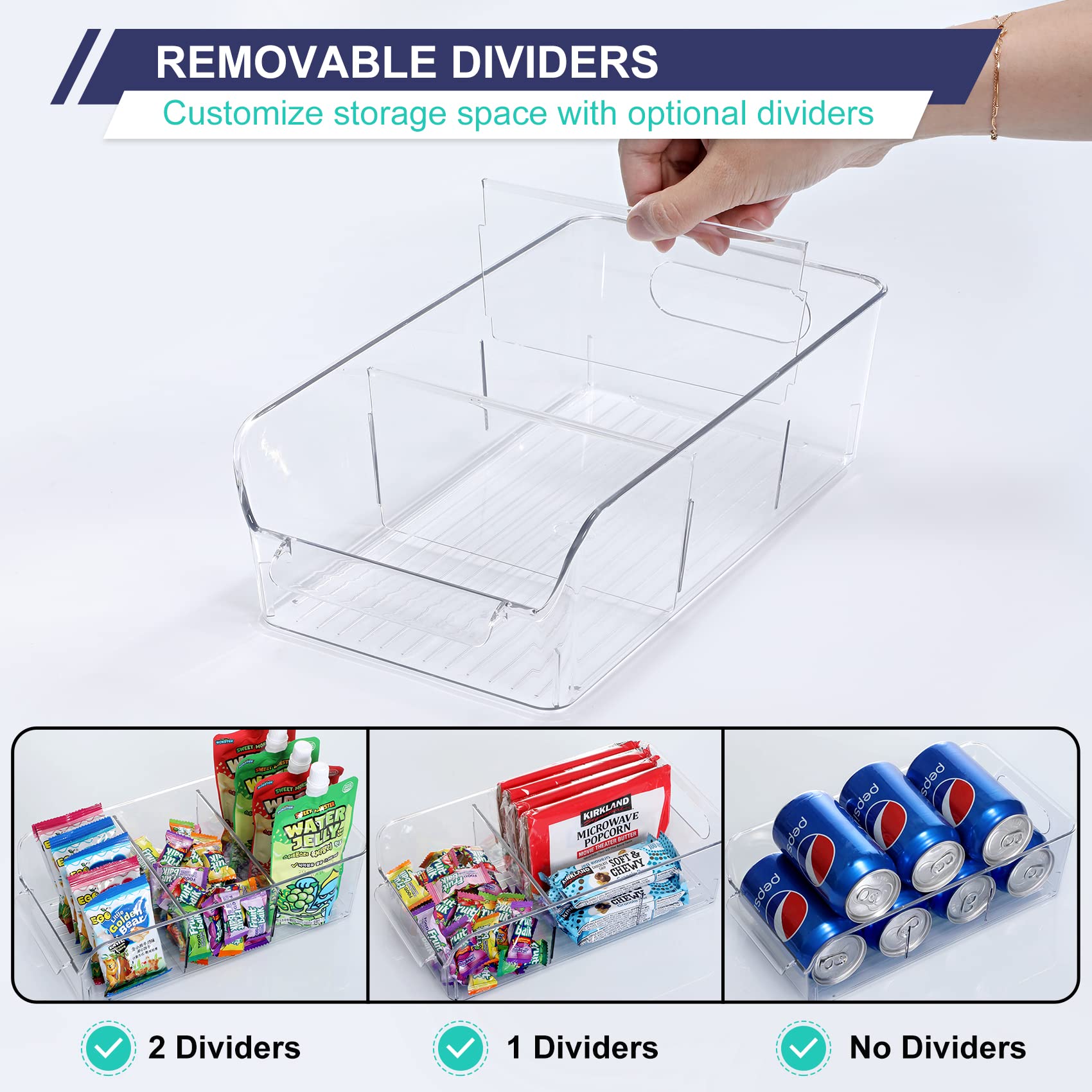 Set of 4, 9 Inch Clear Non-Skid Lazy Susan Organizers + Set of 8, Stackable Clear Bins with Removable Dividers - Pantry Food Snack Organization and Storage - Multi-Purpose Plastic Home Organizer