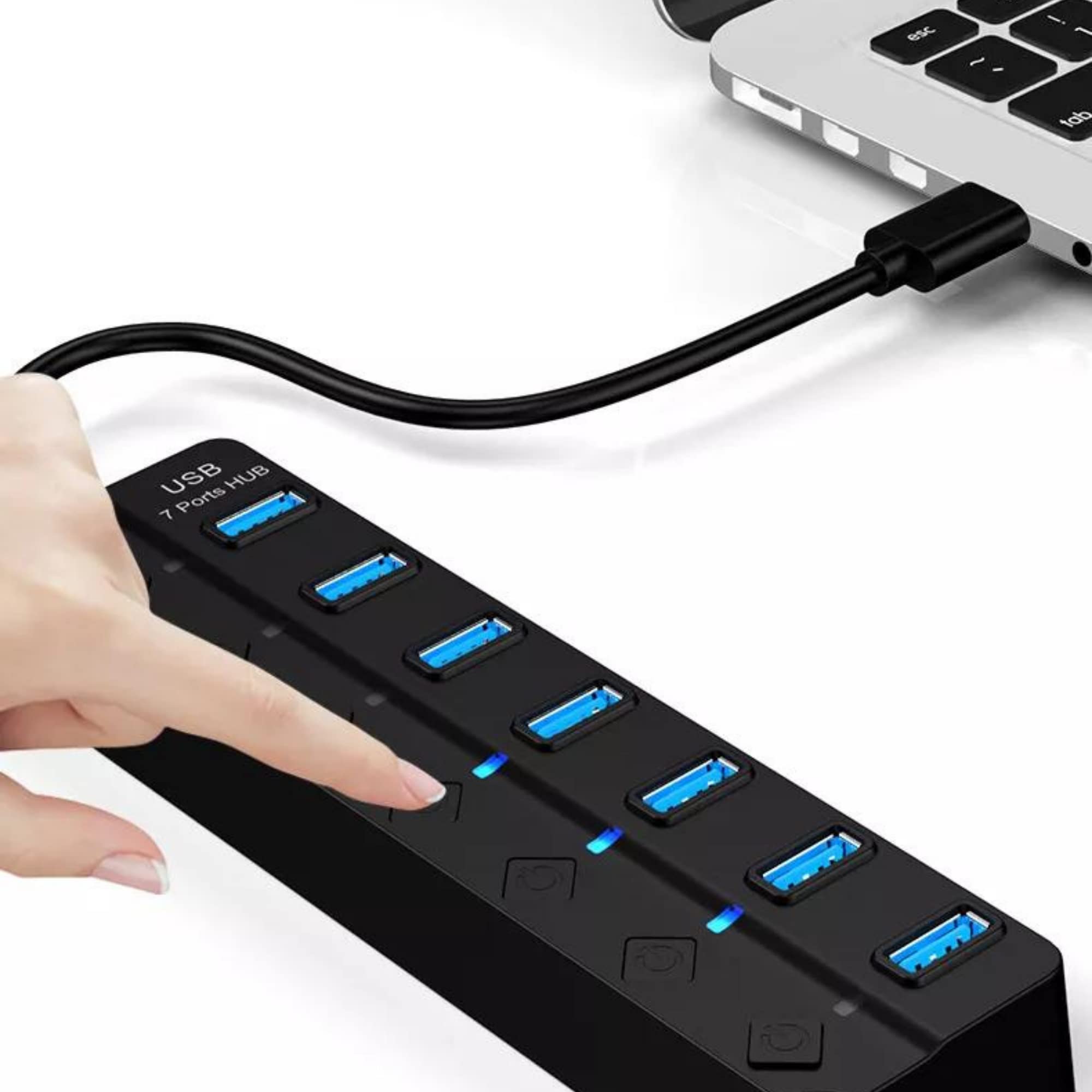 USB 3.0 Hub 7 Port Splitter with Individual On/Off LED Switches, High-Speed Data USB Extender Charging Station Extension for Laptop, USB Flash Drives, Mobile HDD, Printer, Camera and More