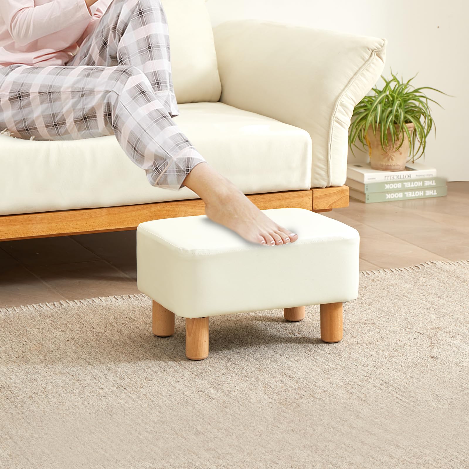 Leesingdo Rectangular Small Ottoman with Solid Beech Wood Legs, 16" PU Ottoman Footstool, Shoe Changing Stool, Foot Rest Ottoman with Non-Slip Feet and Soft Padding for Living Room, Bedroom, White