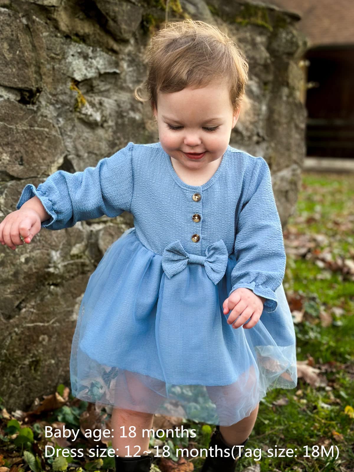 Toddler Long Sleeve Dress 2T 3T Girl Blue Fall Dresses A-Line Bowknot Single-Breasted Outfits