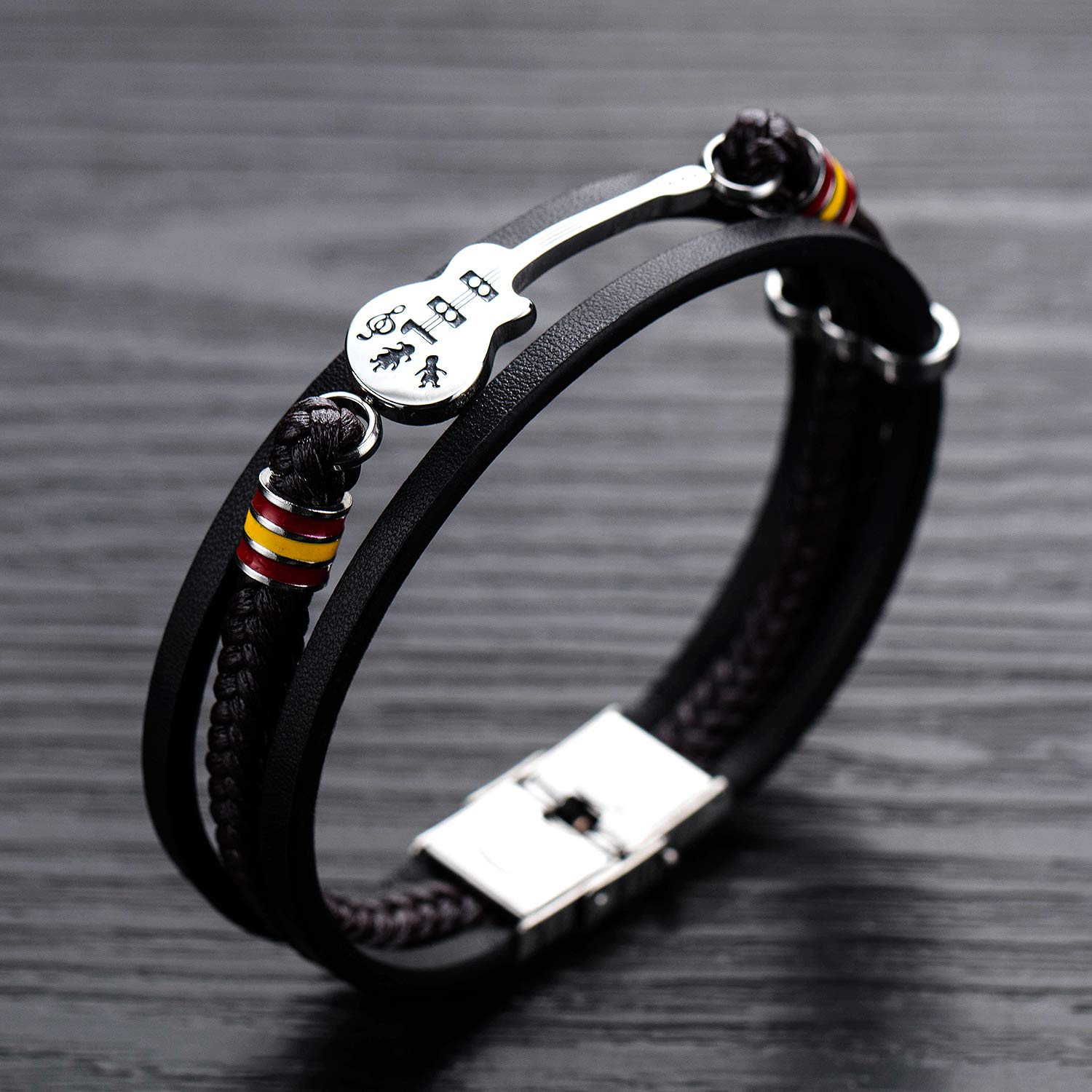 Mishow Mens Womens Leather Bracelet Guitar Handmade Braided Multi-Layer Wrap Bracelet, 8.26 inches