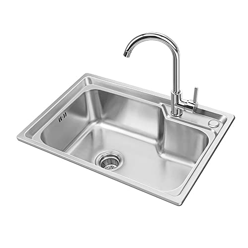 Single Bowl Prep Kitchen Sink, 24x17in, 25x17in, 26x18in, 29x18in Drop-in Stainless Steel Sink for Garage Restaurant Bar, with Drain and Faucet (Color : Hot and Cold Water Faucet, Size : 24x17in)