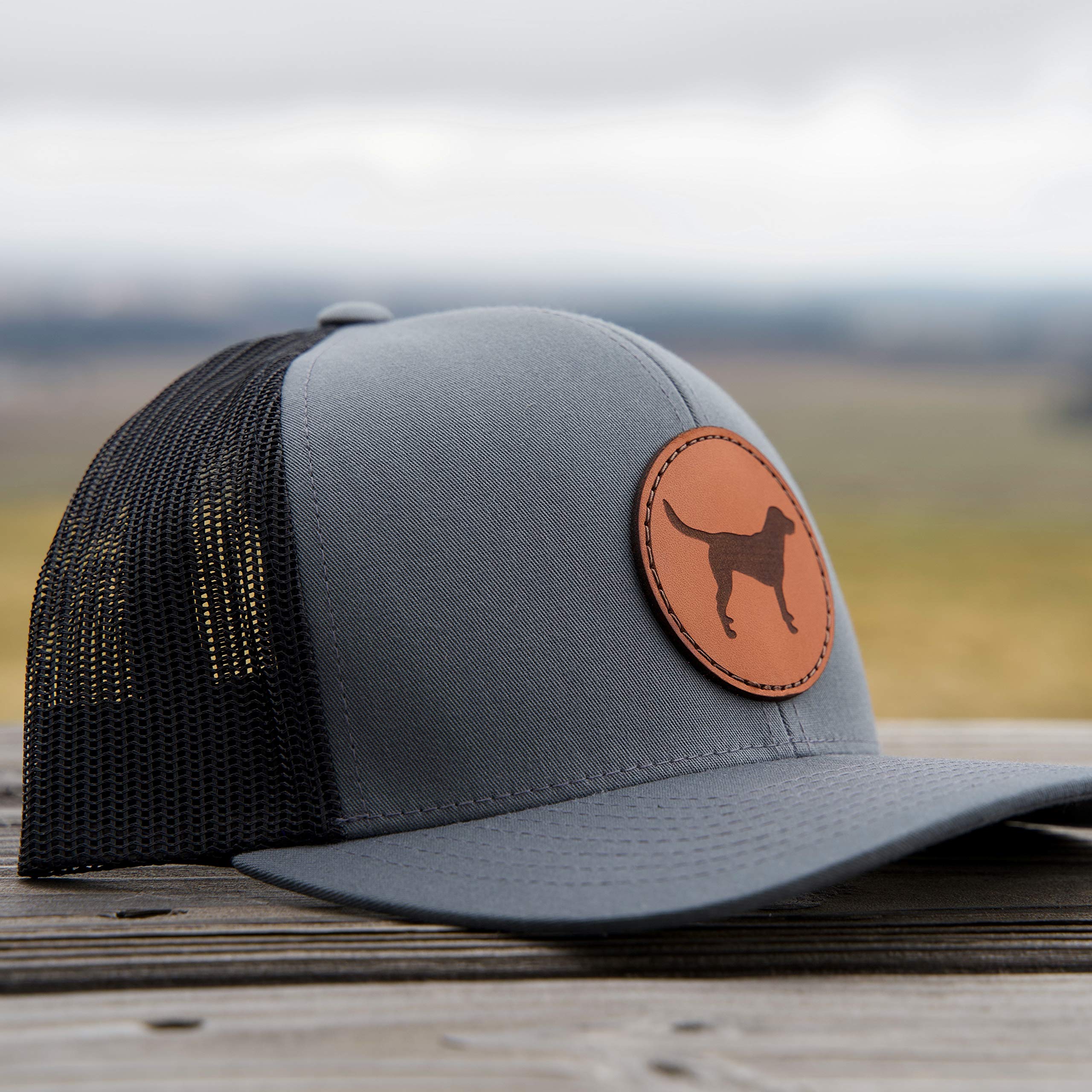Palouse Prairie Lab Labrador Retriever Leather Patch Hat | lab, Chocolate lab, Gift | Lab Trucker Hat | Baseball Hat,Grey Front Black Mesh,One Size