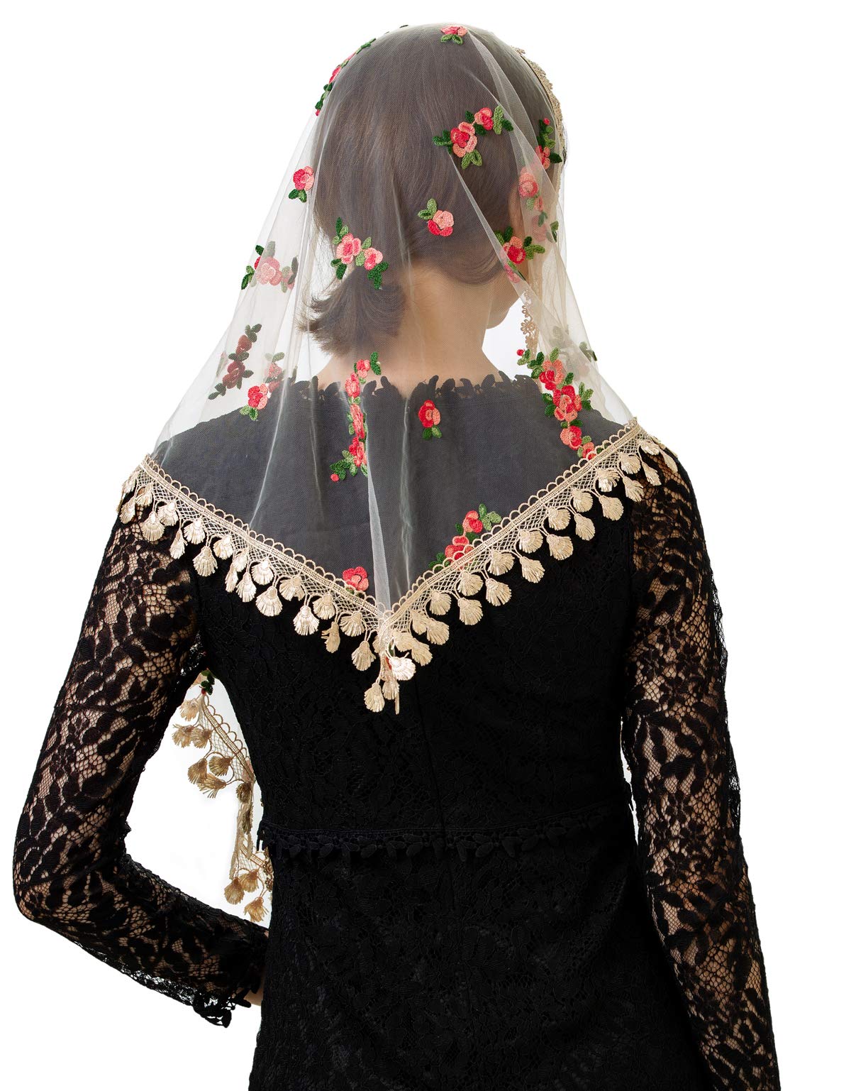 PAMOR Triangle Little Flower Chapel Veils Embroidered Scarf Shawl Latin Mass Head Covering Mantilla Veil for Church (Champagne Rose)