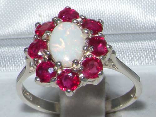 LetsBuyGold 925 Sterling Silver Real Genuine Opal and Ruby Womens Cluster Engagement Ring - Size 6