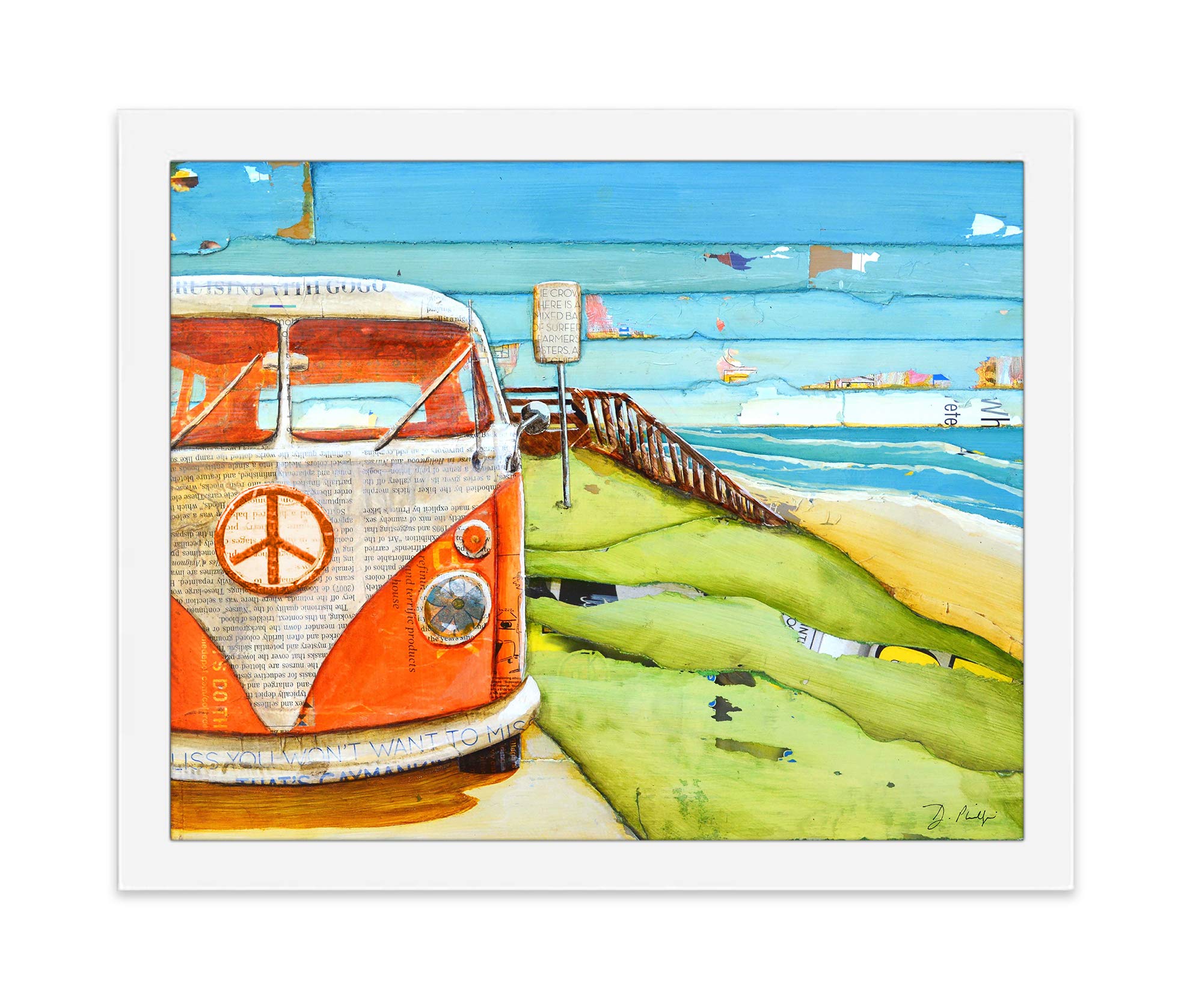 Orange Crush Antique Car Classic Van - Danny Phillips art print, UNFRAMED, Vintage retro nautical coastal beach and home decor painting poster, ALL Sizes