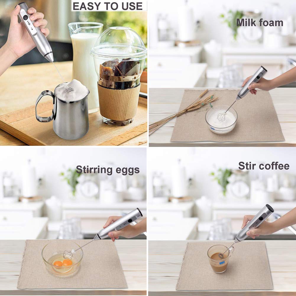 Milk Frother Handheld Foam Maker USB Rechargeable Coffee Frother with 2 Stainless whisks,3-Speed Adjustable Mini Blender for Cappuccino, Latte, Bulletproof Coffee, Egg Mix, Matcha, Hot Chocolate