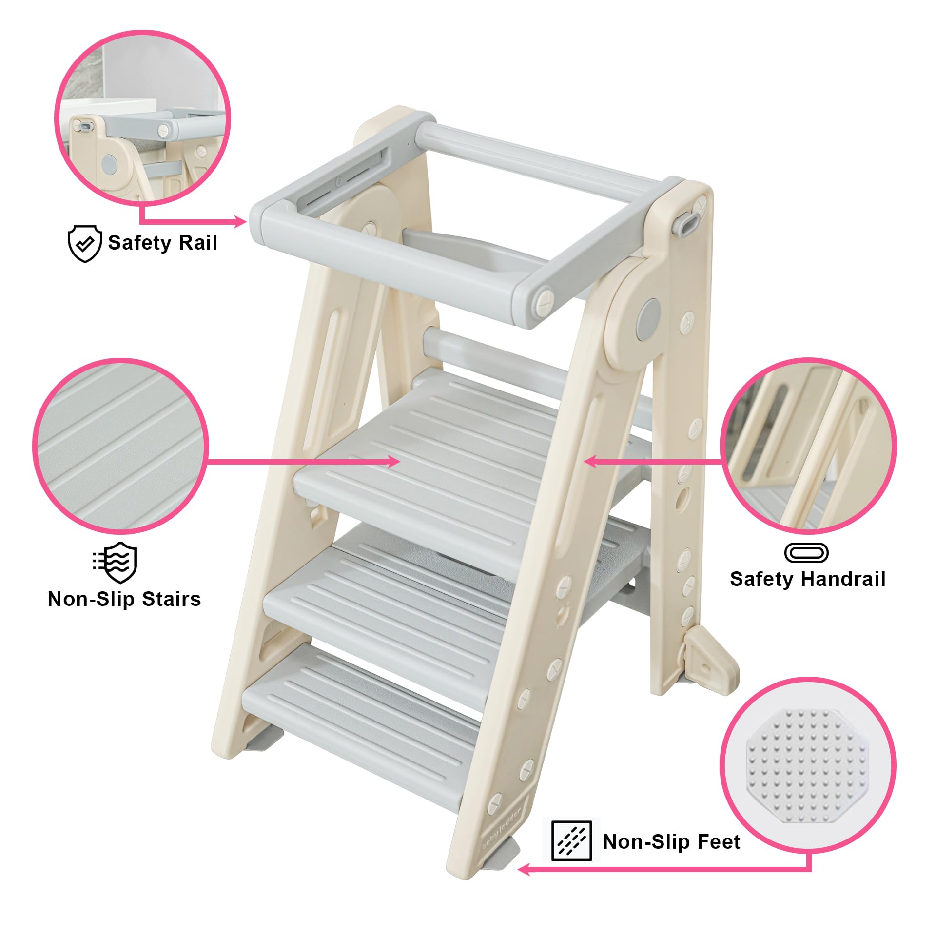 Toddler Standing Tower, Childs Kitchen Stool for Helping,Safety Rail, 2-3 Step Adjustable Ladder for Bathroom Sink & Kitchen Tower -Ages 18 Months to 4 Years (Yellow White)