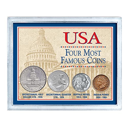 USA Four Most Famous Coins, Genuine Coin Set, Buffalo Nickel, Indian Head Cent, Bicentennial Half Dollar and Quarter, Certificate of Authenticity – American Coin Treasures
