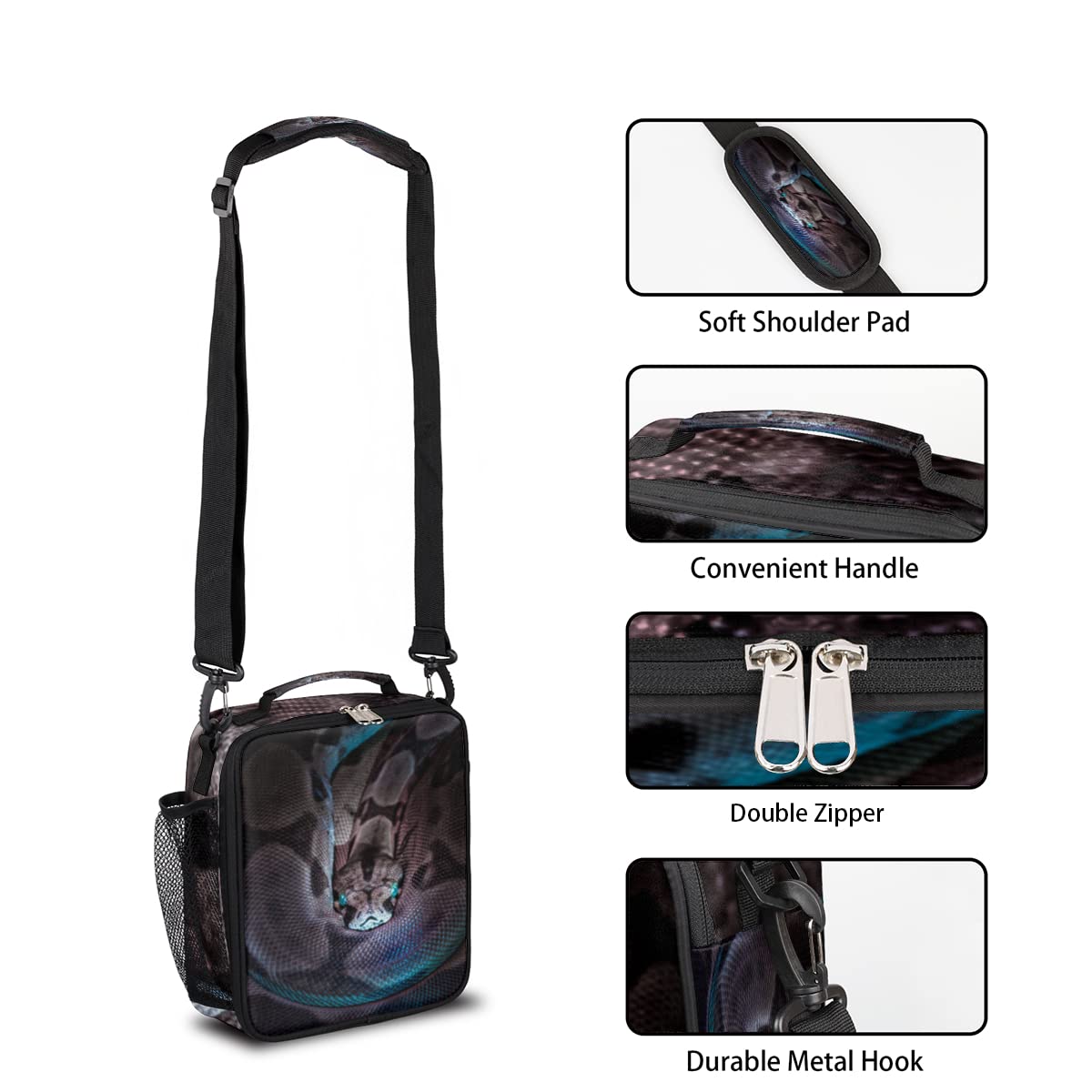 Snake Python Snakeskin Insulated Lunch Bag Reusable Cooler Lunch Box Freezable Thermal Leak-proof Tote Shoulder Strap for Office Picnic Lunch Tote Bag
