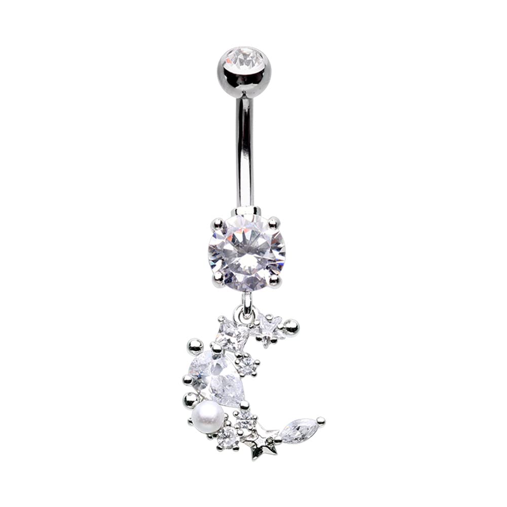 Pierced Owl 14GA Stainless Steel Gem Clustered Crescent Moon Dangling Belly Button Ring (Gold Tone)