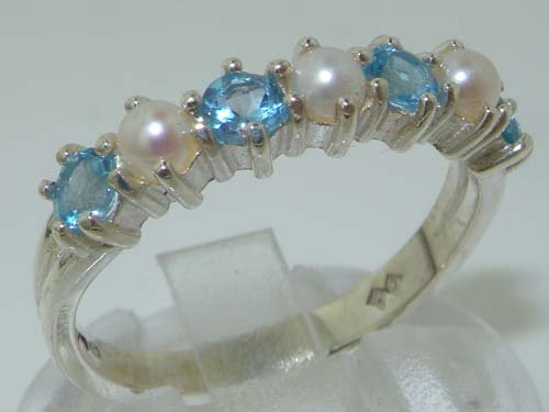 LetsBuyGold 925 Sterling Silver Cultured Pearl & Blue Topaz Womans Eternity Band Ring - Size 10