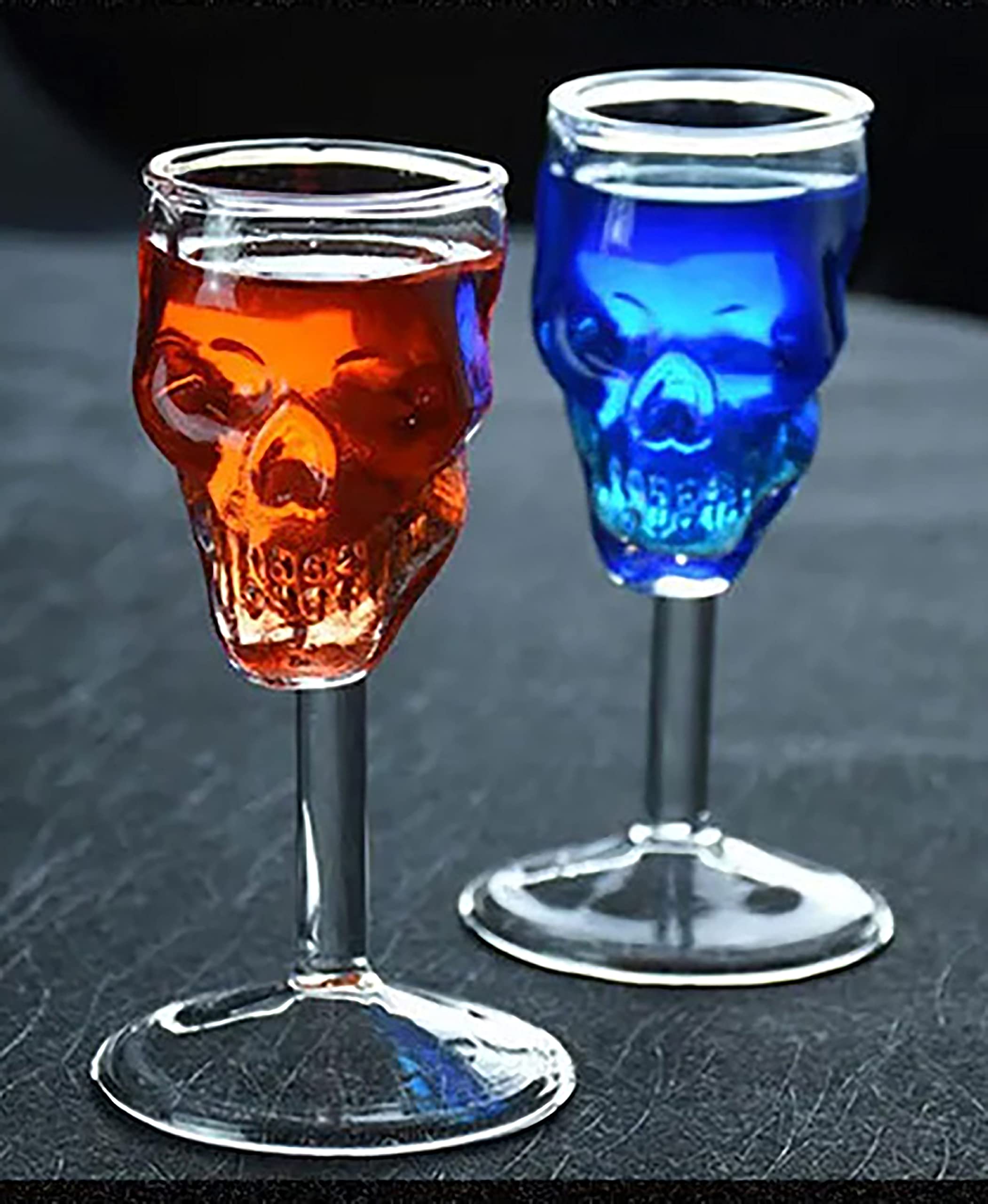 Mazeology Modern Handmade Mouth-blown Crystal Clear Borosilicate Glass SKULL Shaped Set of Two Stemmed Wine or Cocktail Glasses, good for Liquors, After-Dinner Drinks and More!