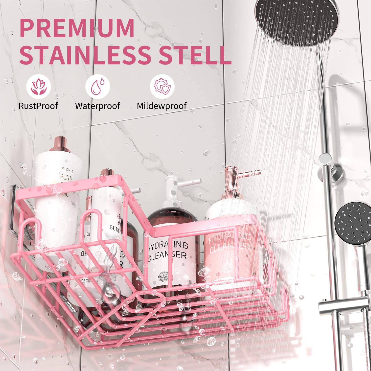 Youvip Shower Caddy Corner,3 pack Corner Adhesive Shower Caddy,Stainless Steel Bathroom Shower Organizer with Hooks & Soap Holder,Shower Shelves No Drilling for Bathrrom,Pink
