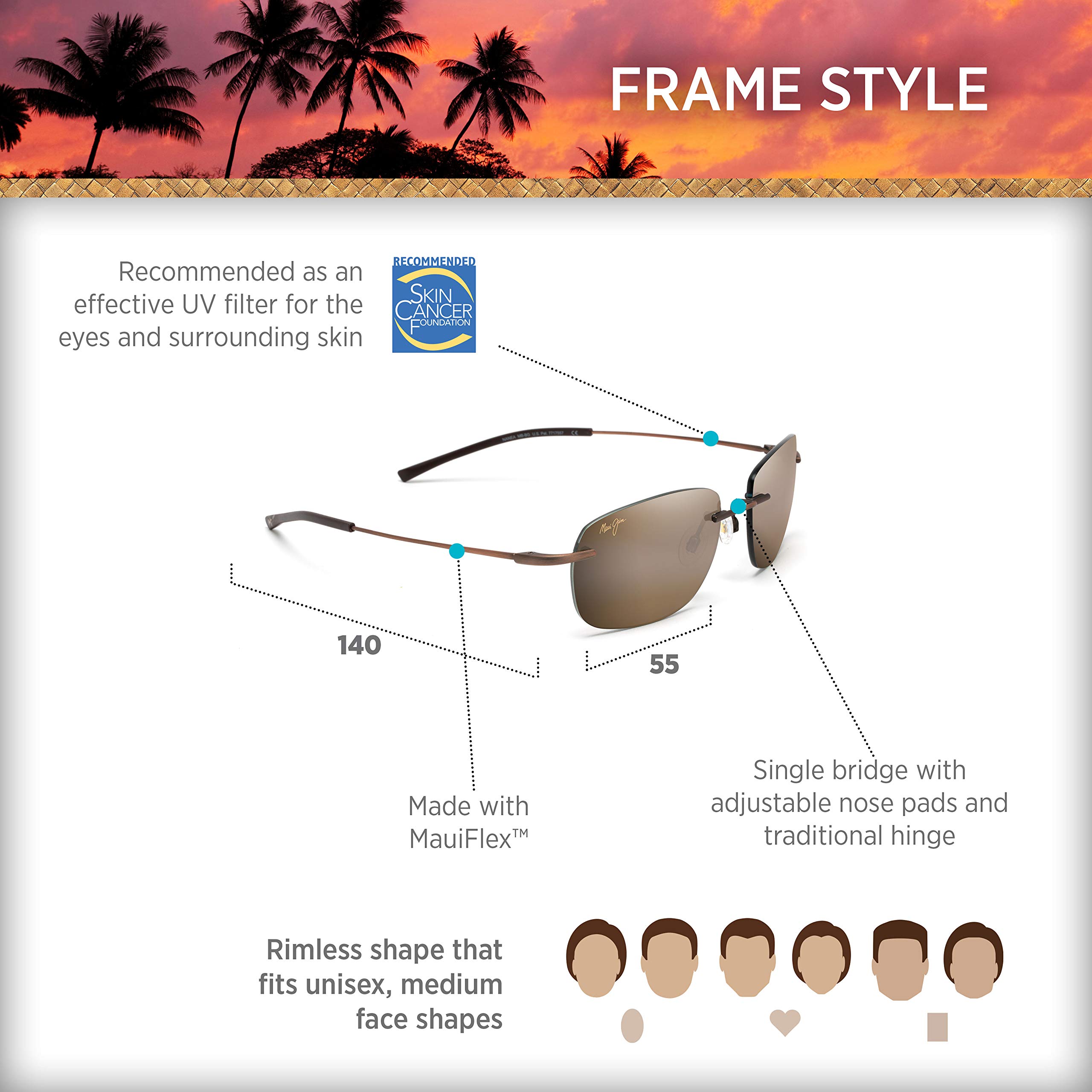 Maui Jim Men's and Women's Nanea Polarized Rimless Sunglasses, Copper/HCL® Bronze, Medium