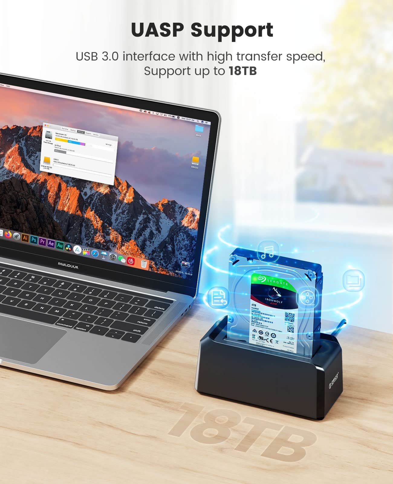 ORICO External Hard Drive Docking Station USB3.0 to SATA for 2.5/3.5" SSD HDD Up to 18TB Support UASP(9818U3)