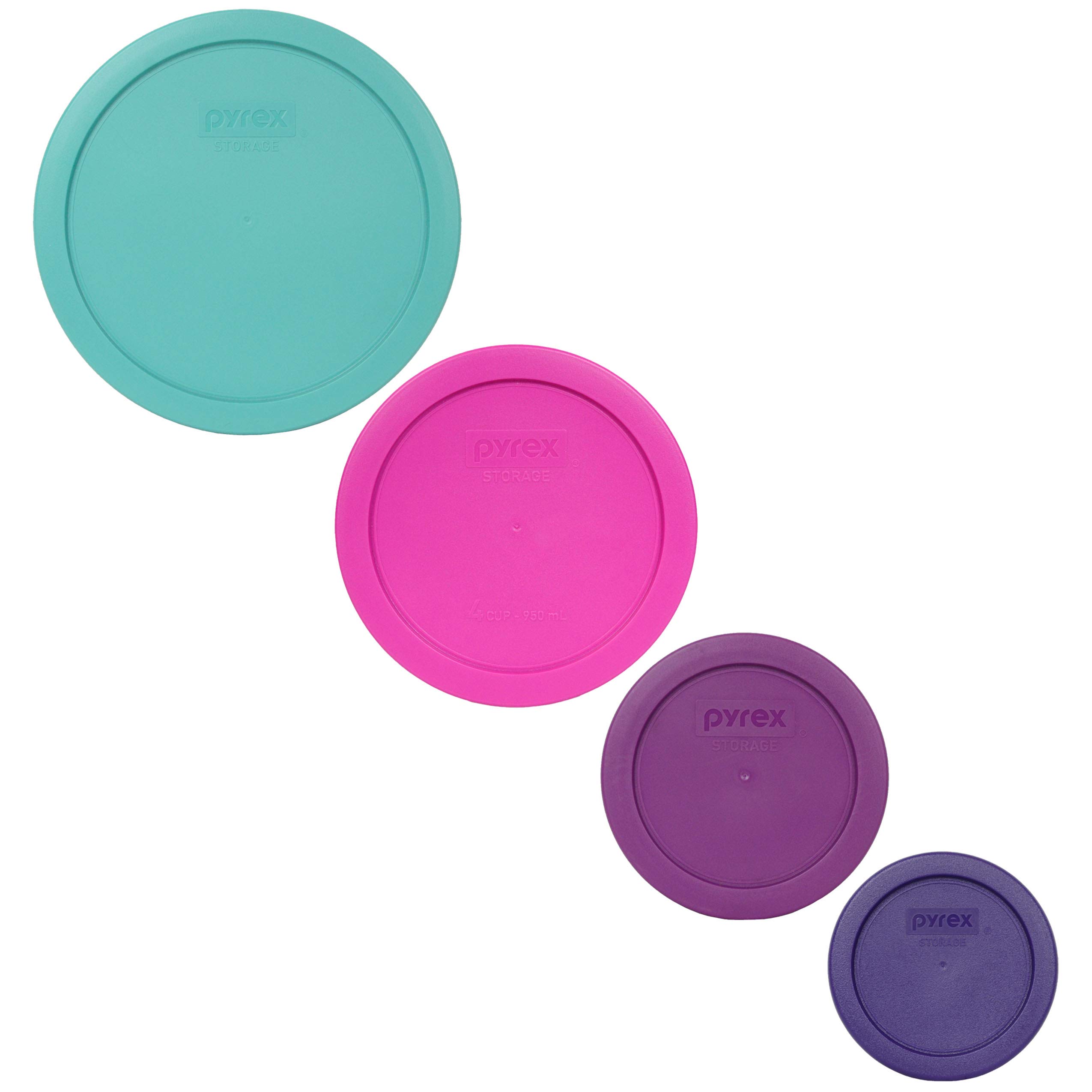 Pyrex (1) 7402-PC Turquoise, (1) 7201-PC Pink, (1) 7200-PC Thistle Purple, & (1) 7202-PC Plum Purple Round Plastic Food Storage Replacement Lids, Made in the USA