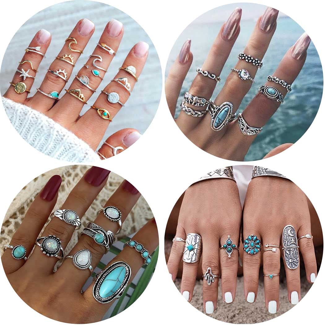NEEBAOLY 45Pcs Boho Knuckle Rings Set Turquoise Gemstone Vintage Stackable Finger Rings Midi Ring for Women Hollow Carved Flowers Gold&Silver Ring Crystal Joint Rings (Ocean)