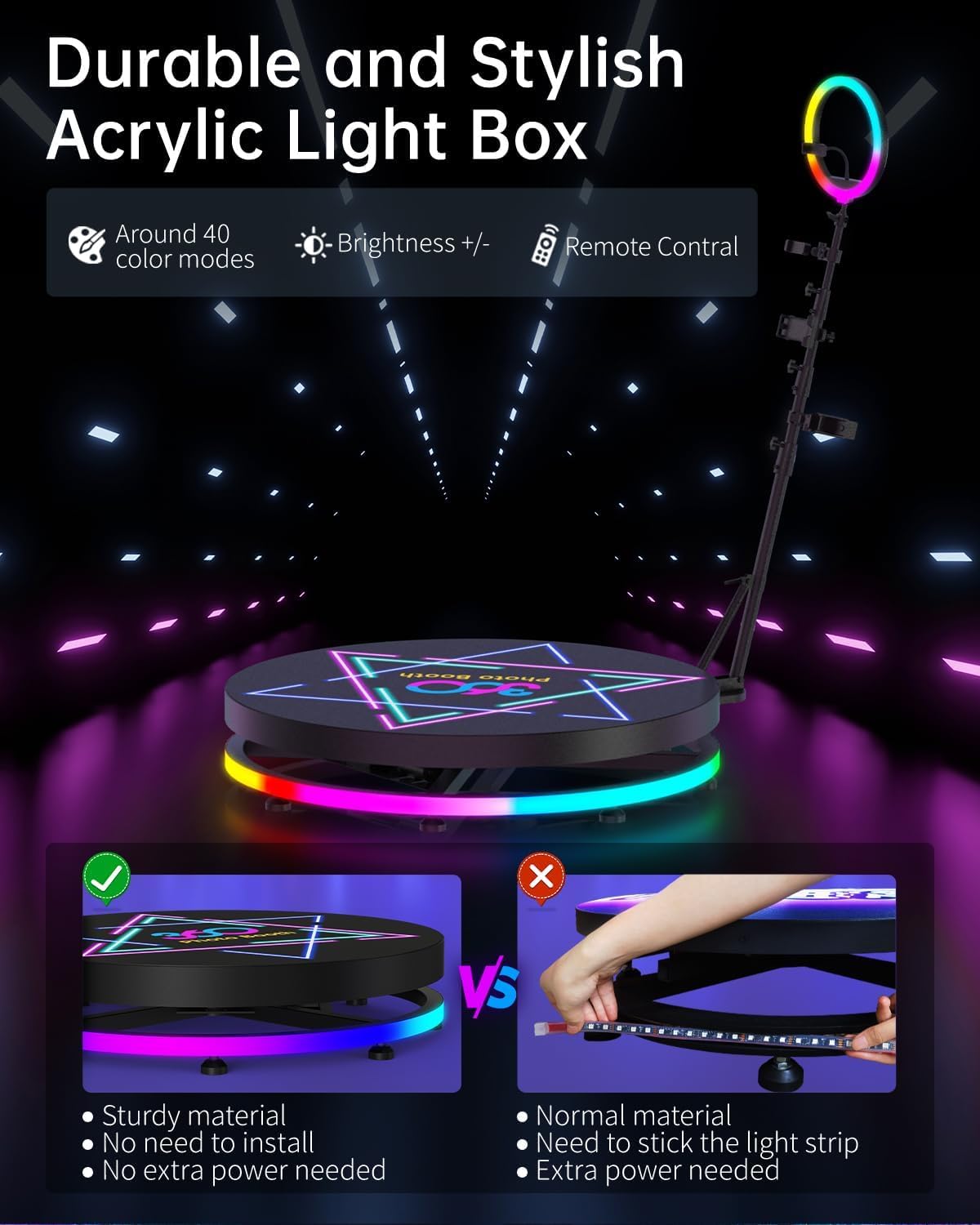 MBOBAO [Newest] 360 Photo Booth Machine with RGB Ring Light,Free Custom Logo, Video Camera Selfie Platform for Live Streaming Wedding Birthday Events Exhibitions (26.8in 1-3 people+Flight Case)
