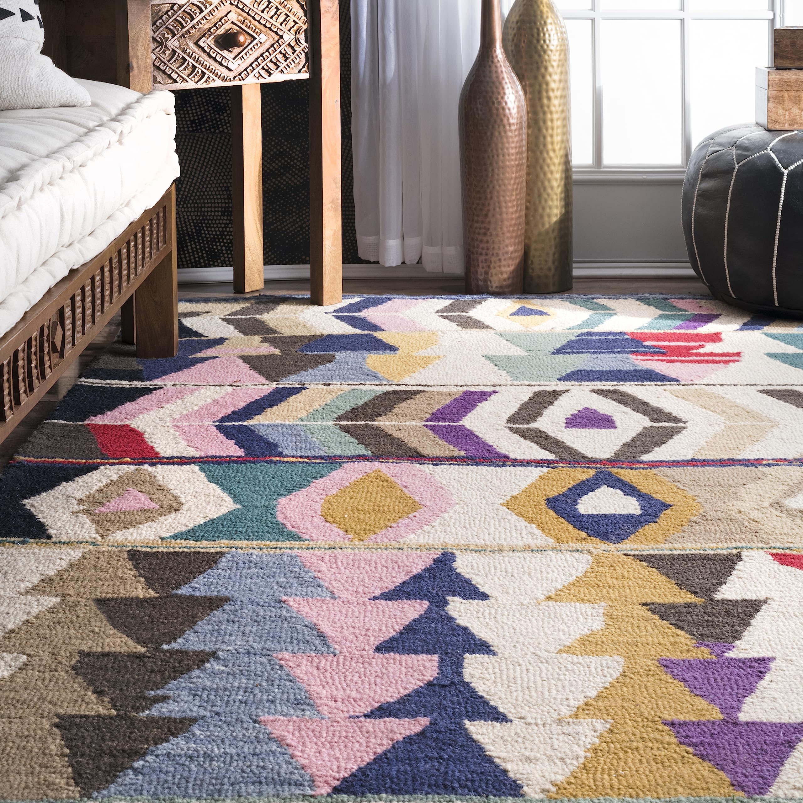 nuLOOM Ofelia Geometric 2x6 Wool Runner Rug for Living Room Bedroom Dining Room Entryway Hallway Kitchen, Multicolor/Black