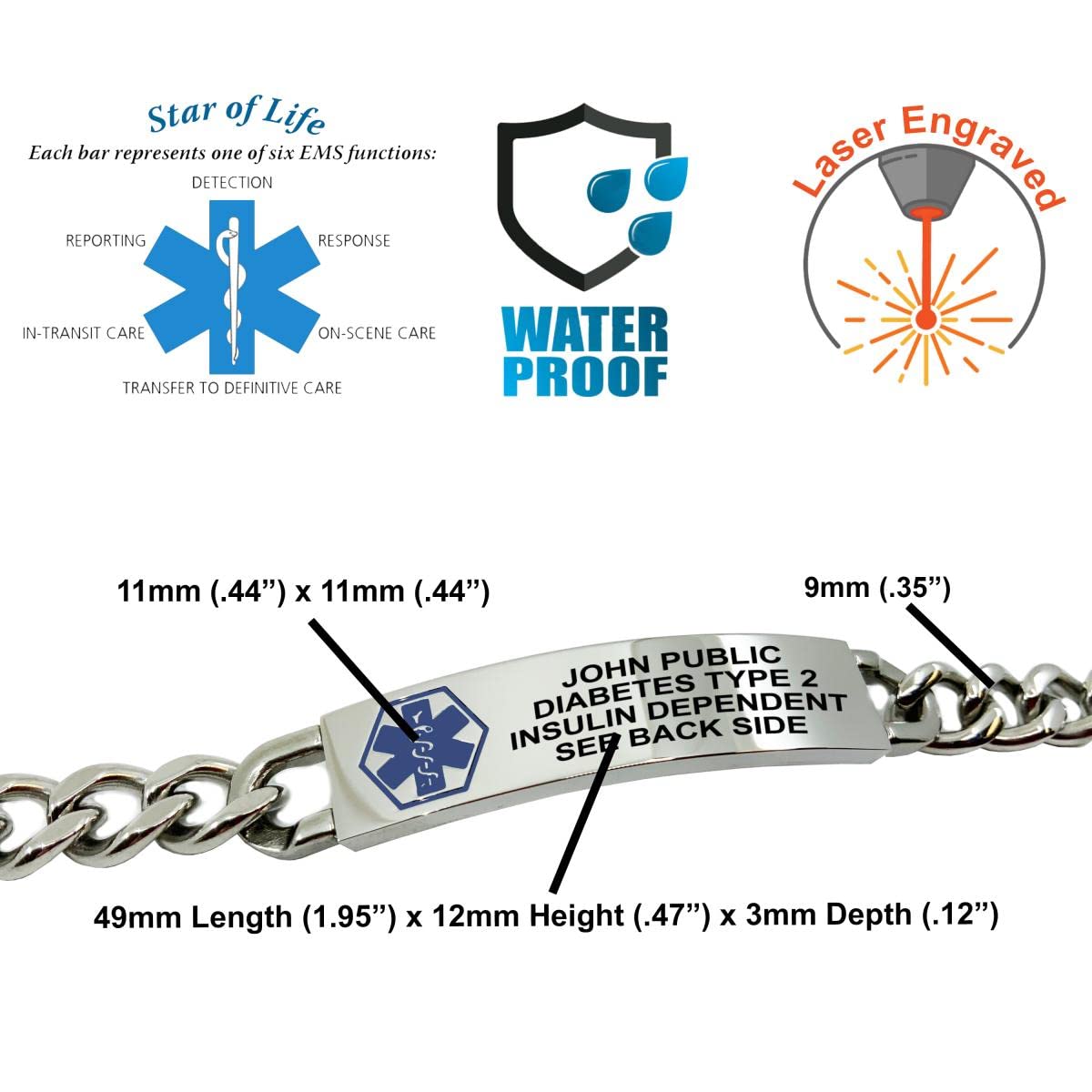 Medical Alert Bracelet - Medical Alert Bracelet for Men - Stainless Steel Traditional Style - Custom Engraved Sizes 7.0" - 9.0"