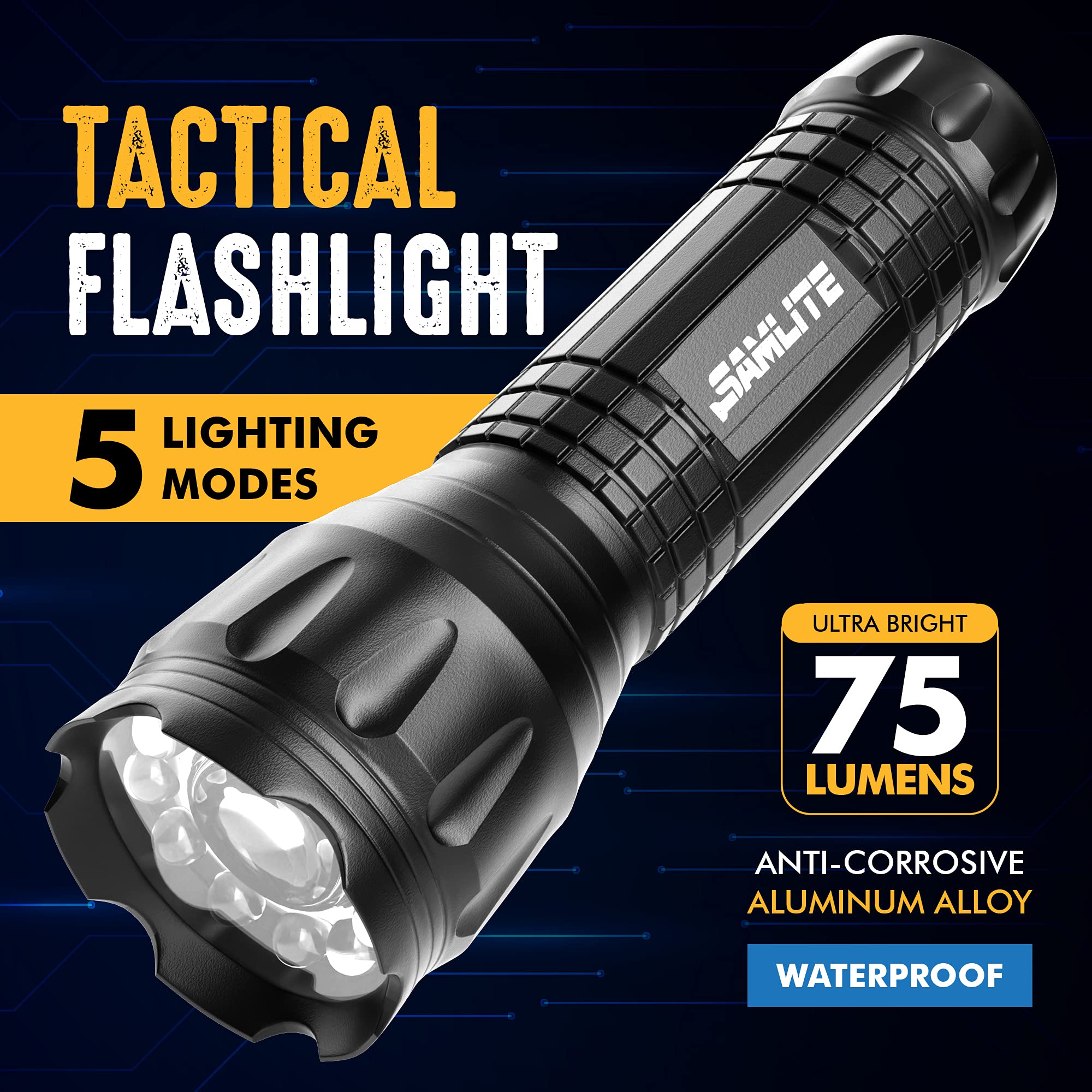 SAMLITE- LED Tactical Flashlight with 5 Options, Bright LED Light, Laser Pointer, UV Blacklight, Green Light and Magnetic Bottom - Water Resistant - (3 AAA Batteries Included)