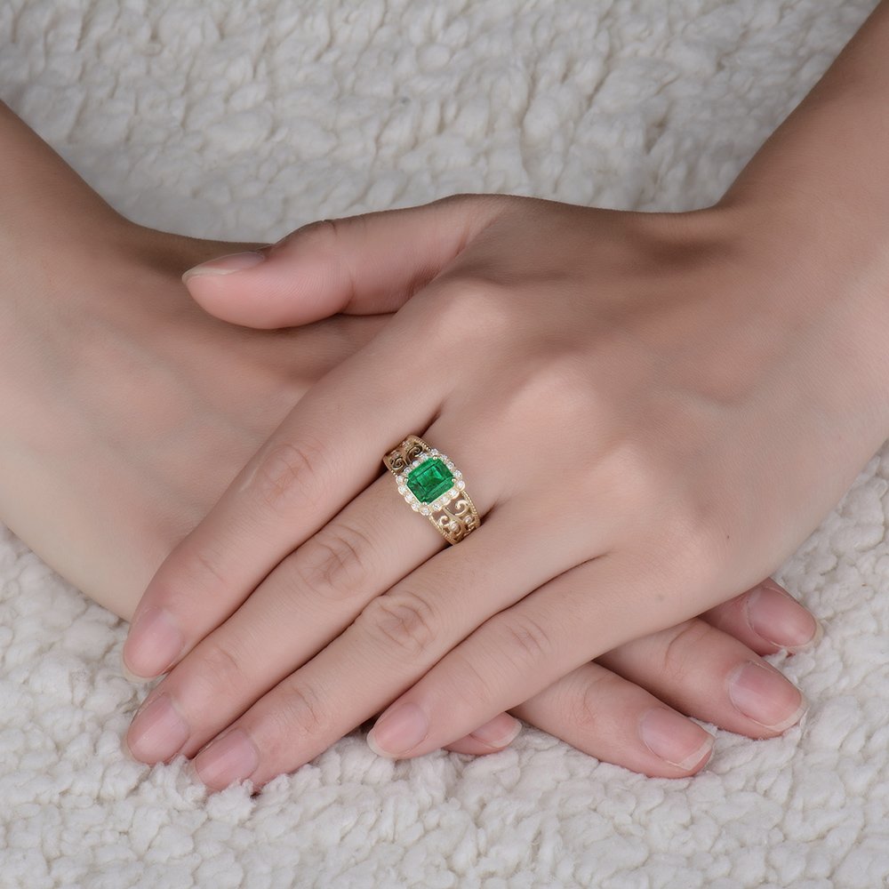 Lanmi Solid 14K Rose Yellow Gold Natural Emerald Rings Engagement Wedding Diamond Band for Women Promotion