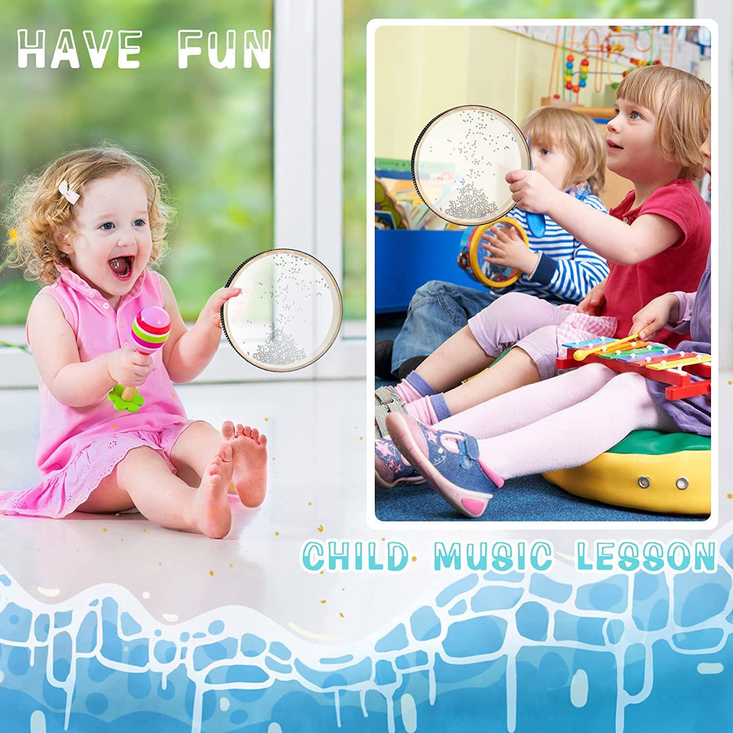 Oidnvay 2 Pieces Wave Bead Hand Drum 8 Inch Sea Wave Sound Drum Wave Drum Ocean Sound Drum Musical Instrument Percussion