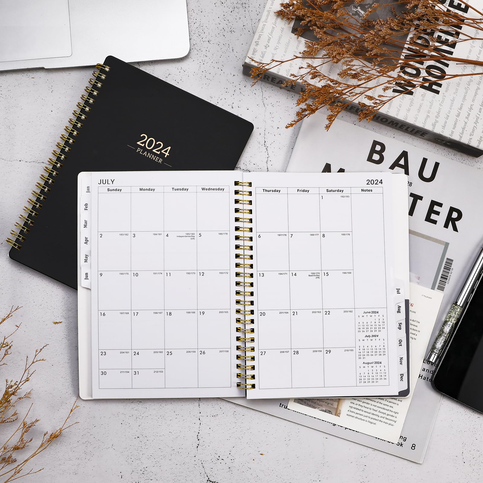Planner 2024 - Planner/Calendar 2024, Jan.2024 - Dec.2024, 2024 Planner Weekly & Monthly with Tabs, 6.3" x 8.4", Hardcover + Back Pocket + Twin-Wire Binding, Daily Organizer - Mystic Black