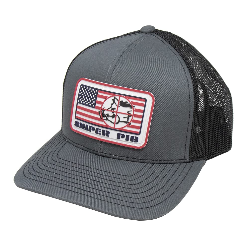 Oil Field Men's Hats Sniper Pig America Flag Rubber Patch Mesh Back Ball Cap Charcoal One Size