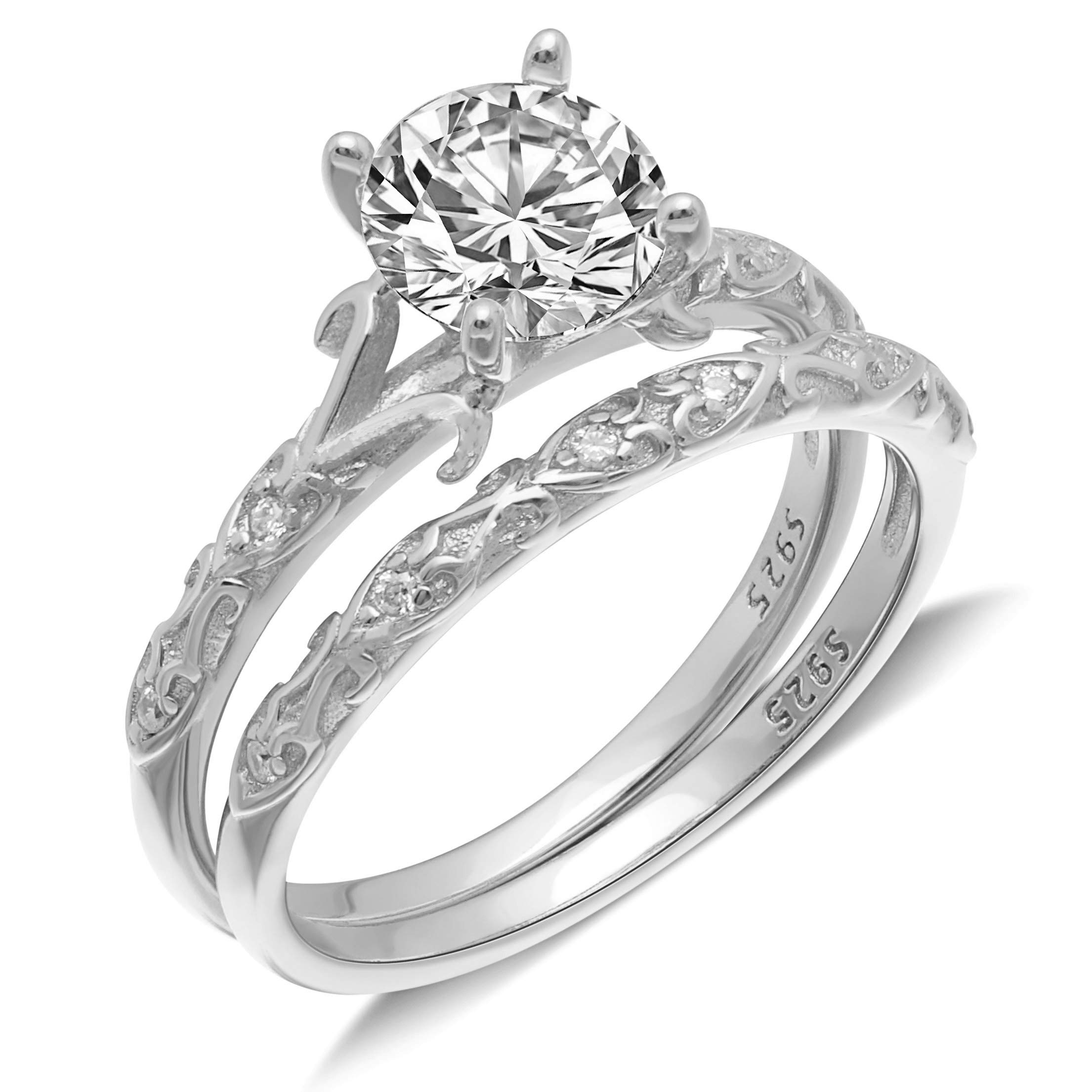 Lannelle Bridal Wedding Ring Set for Women Sterling Silver Unique Vine Setting Solitaire 1.25 Carat Cubic Zirconia Engagement and Band Black Tie Series by Ginger Lyne
