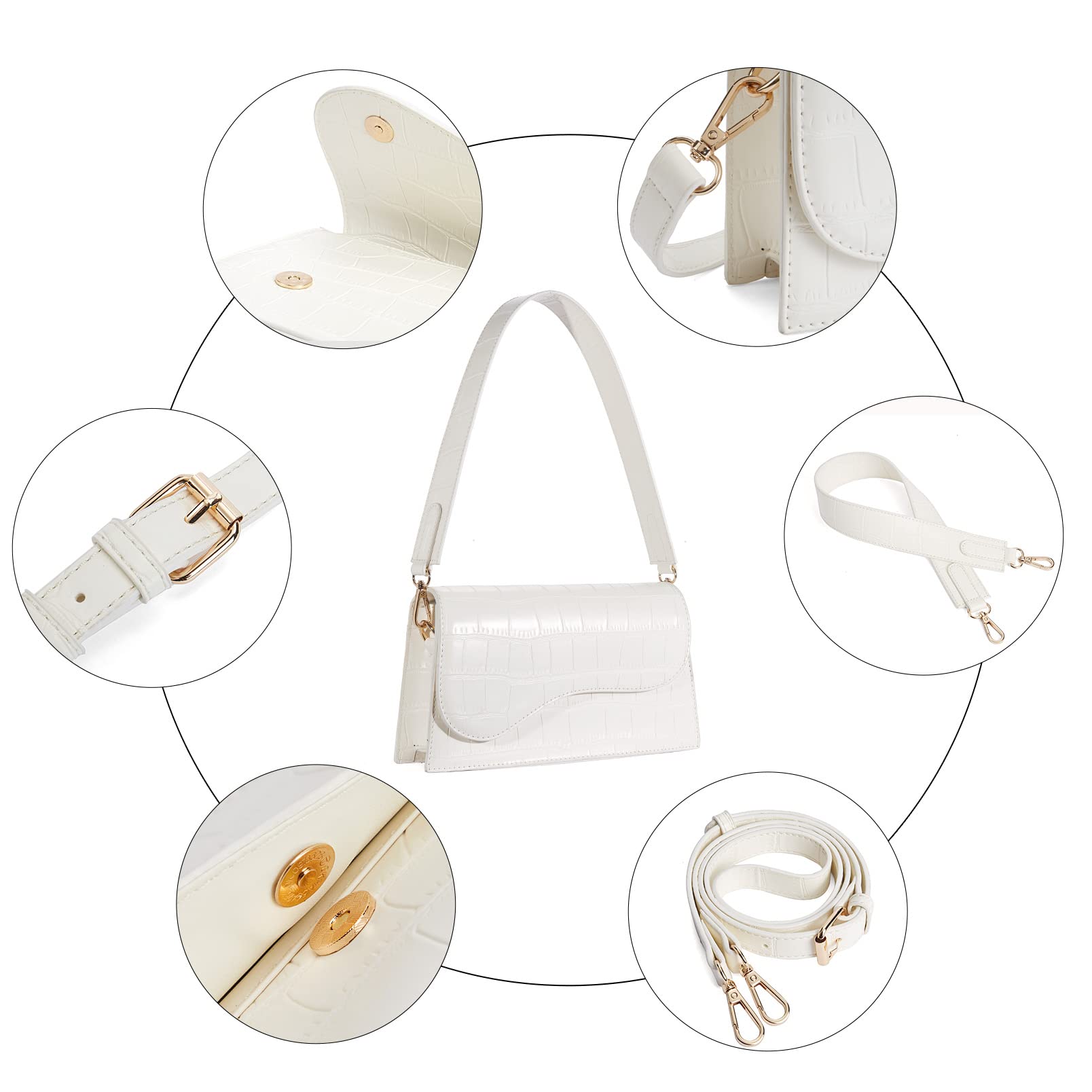 Telena Shoulder Bag for Women, Vegan Leather Women's Shoulder Purses Handbags with 2 Removable Strap Crossbody Bag Purses Crocodile Pattern White