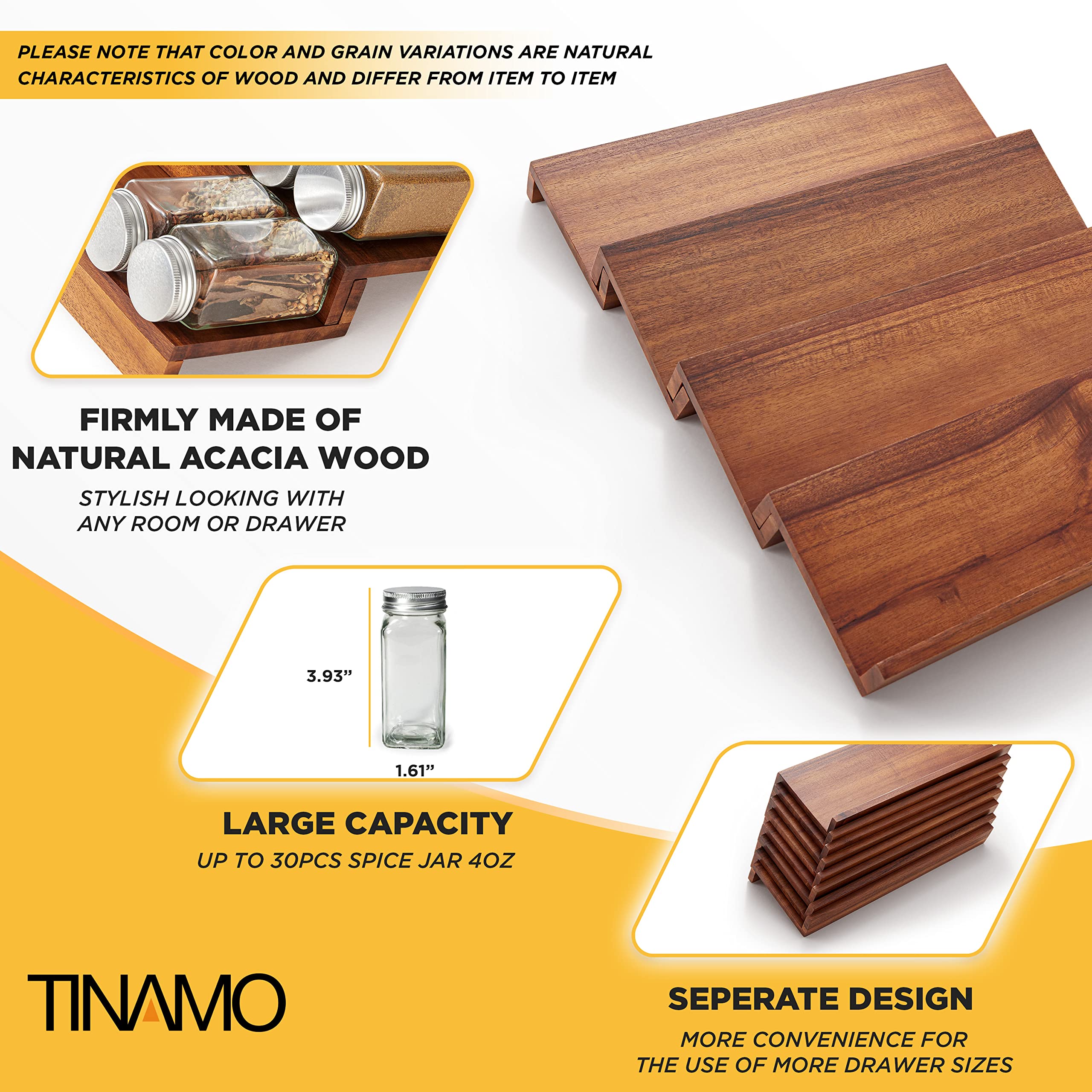 Tinamo Wood Spice Drawer Organizer - Acacia Wooden Tray Spice Racks Organizer for Cabinet Storage Shelf - 4 Tier Spice Rack Organizer for Drawer 32 Jars (Pack 4)