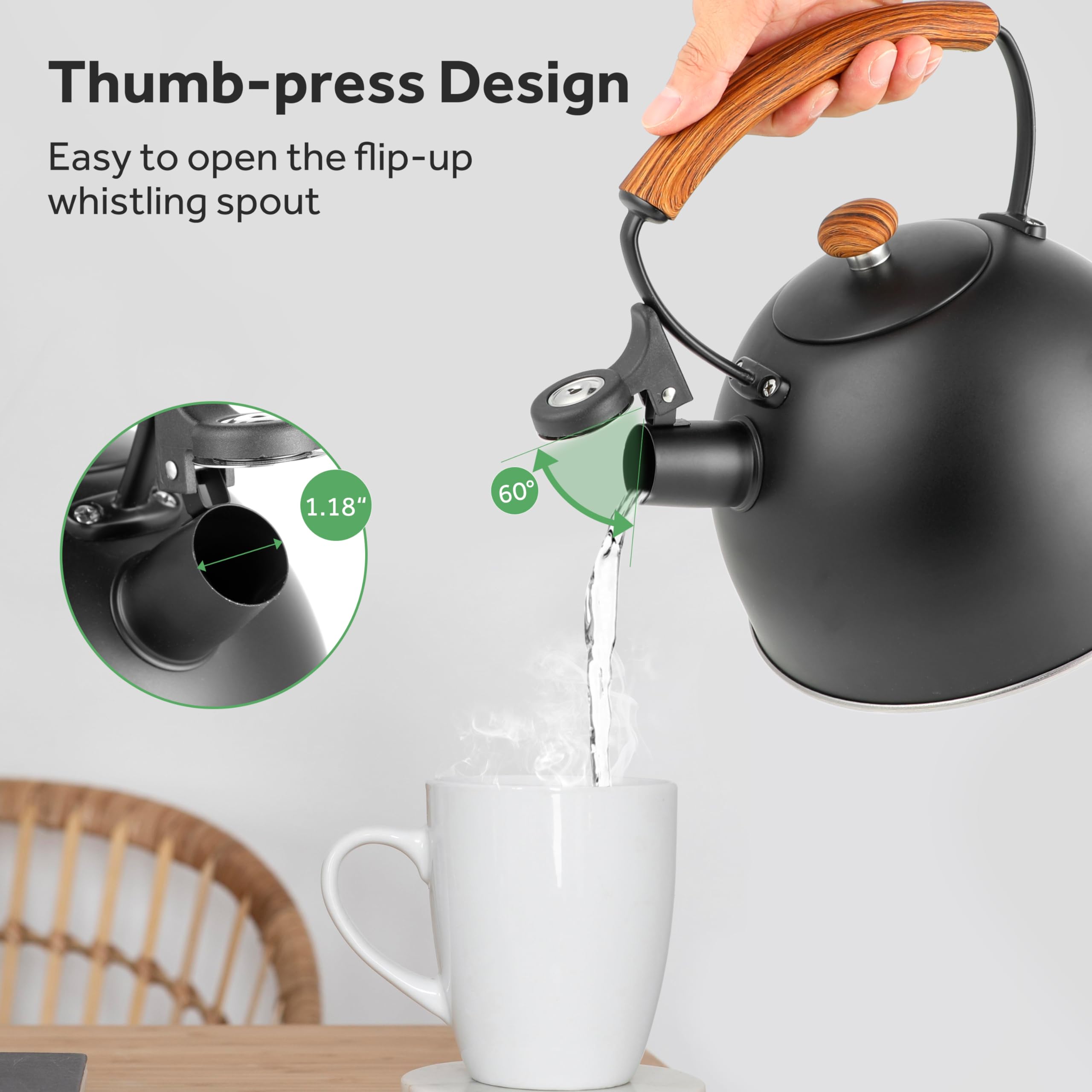 YSSOA Whistling Stovetop Tea Kettle, 3.2 Quart Stainless Steel Teapot with Cool Touch Ergonomic Handle, Hot Water Fast to Boil, Black