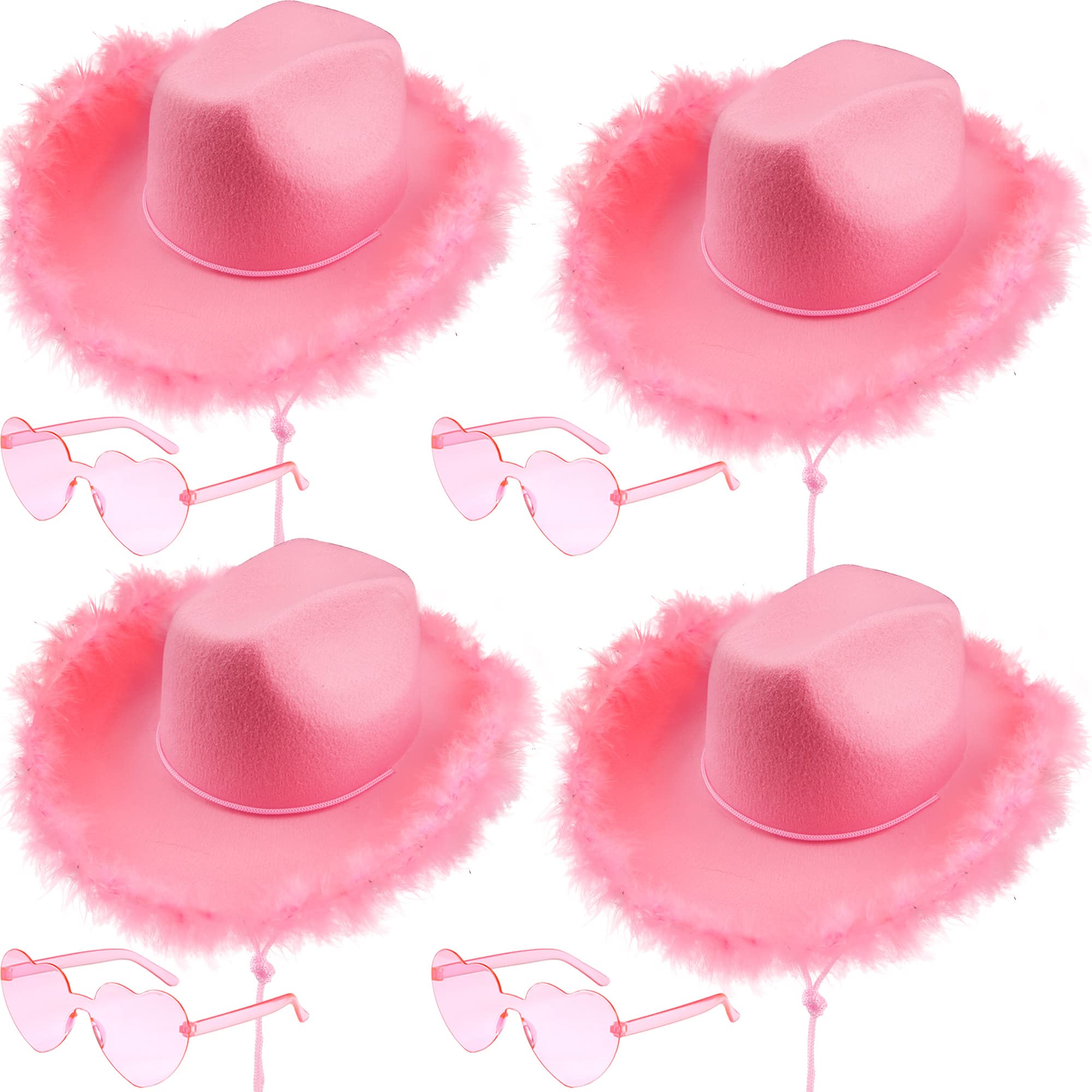 Rcanedny 4 Pieces Cowboy Hat with 4 Pairs Heart Shaped Sunglasses Cowgirl Hats for Girls Women Halloween Costume Party