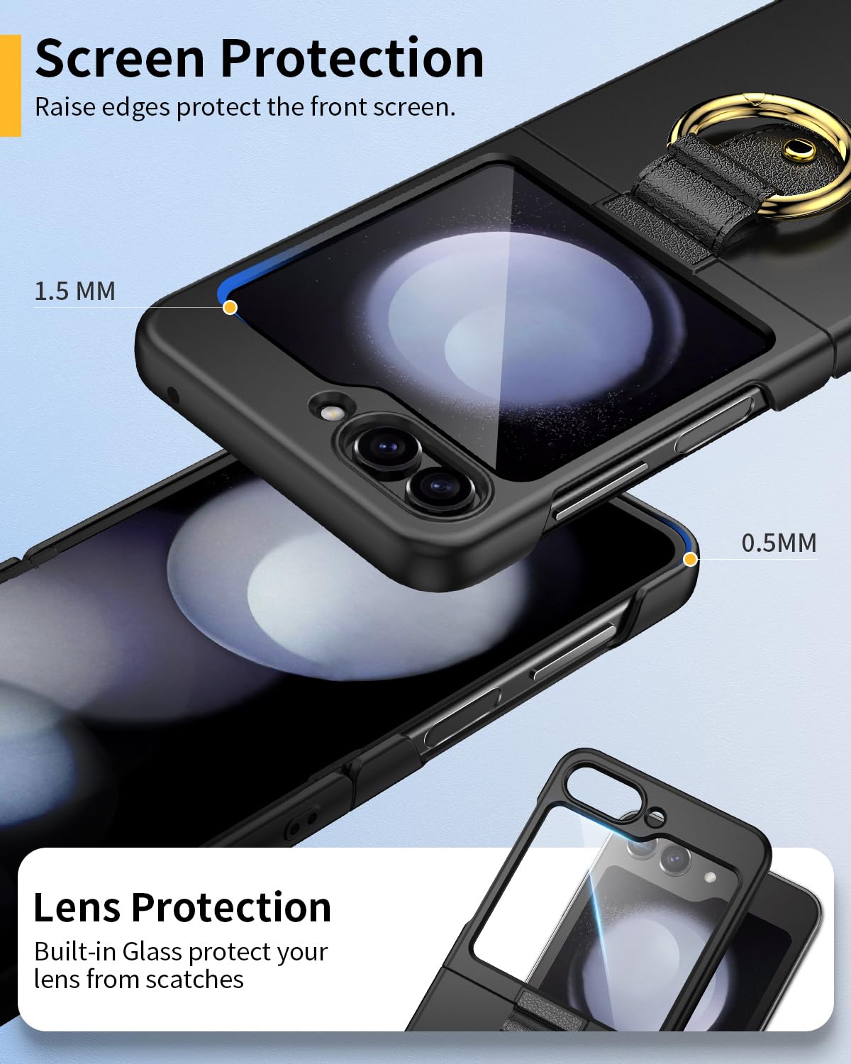 Lanhiem for Samsung Galaxy Z Flip 5 Case, [Ring Holder] Hard Protective Heavy Duty Case Full Body Shockproof Phone Ultra Thin Cover for Samsung Galaxy Z Flip 5 - Black