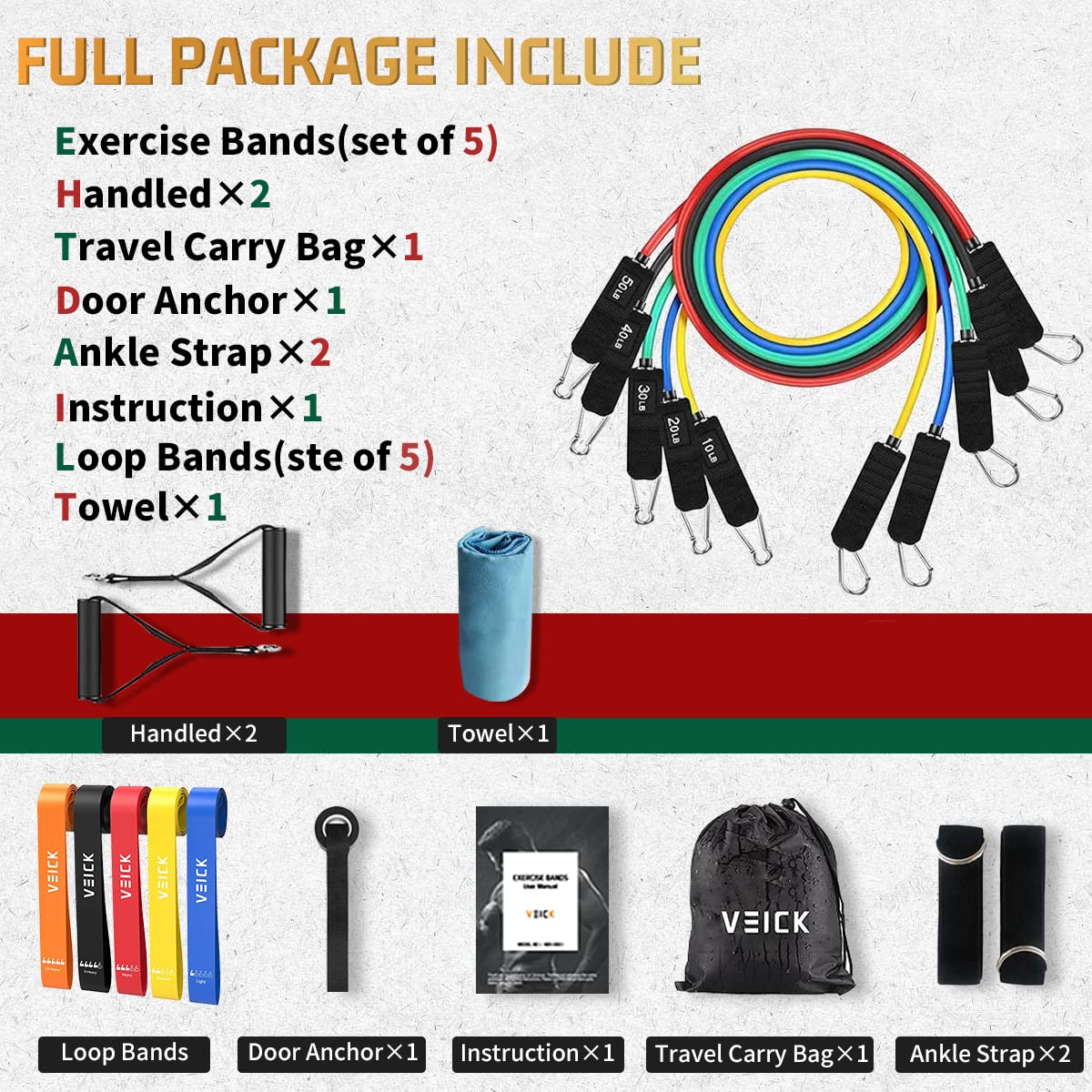 VEICK Resistance Bands, Exercise Bands, Workout Bands, Resistance Bands for Working Out with Handles for Men and Women, Exercising Bands for Strength Training Equipment at Home