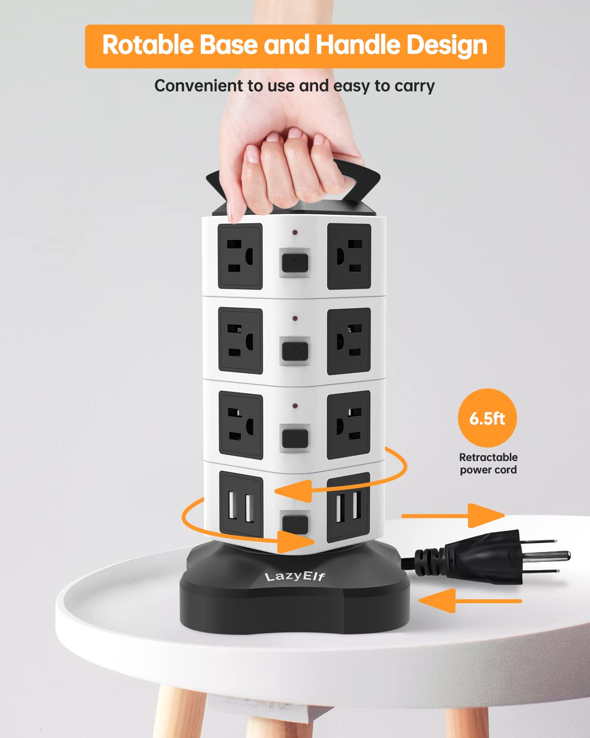 Surge Protector Power Strip Tower with Night Light, Lazy Elf Extension Cord 8 AC Multi Smart Plug Outlets with 4 USB Ports, Flat Plug Outlet (White)